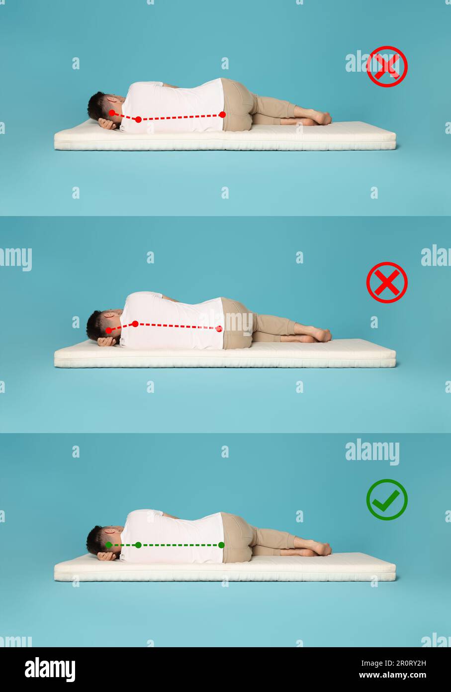 Collage with photos of man lying on mattress. Wrong and correct ...