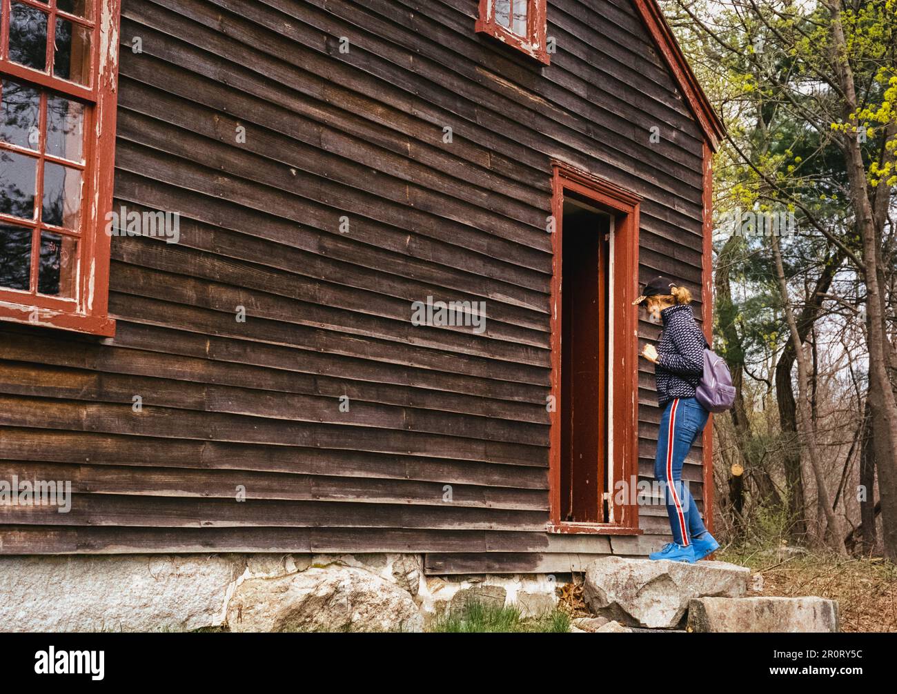 Lexington, Massachusetts USA - April 2023 - A visitor enters the side ...
