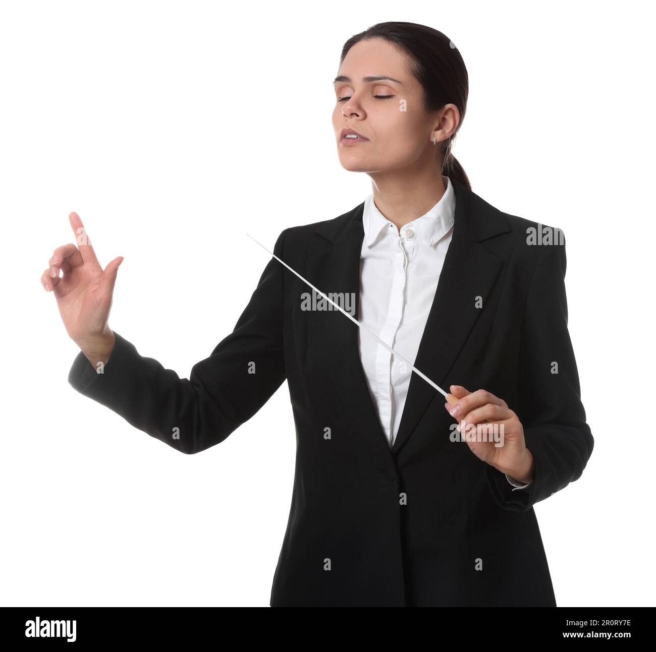 Professional young conductor with baton on white background Stock Photo ...