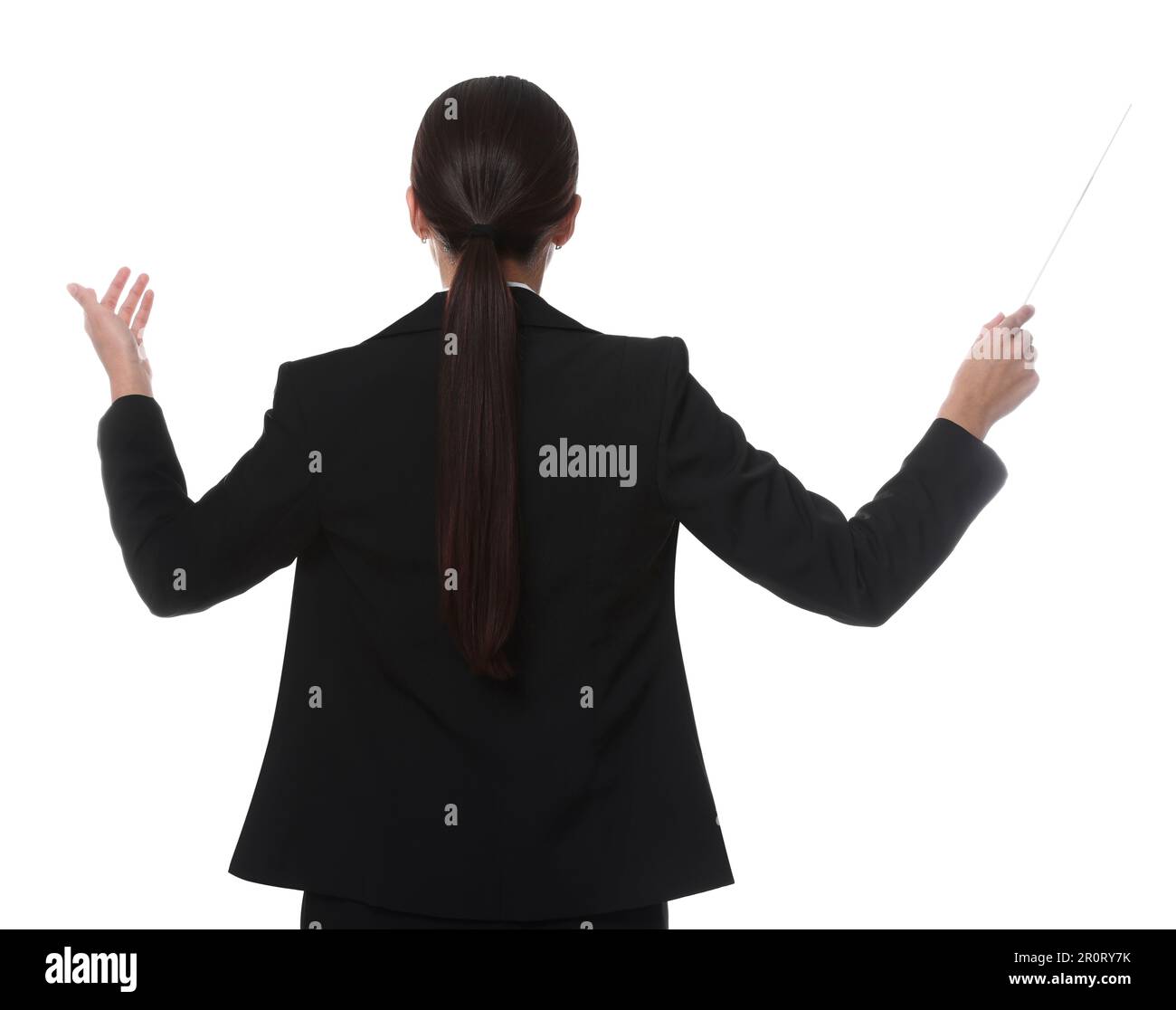 Professional conductor with baton on white background, back view Stock ...