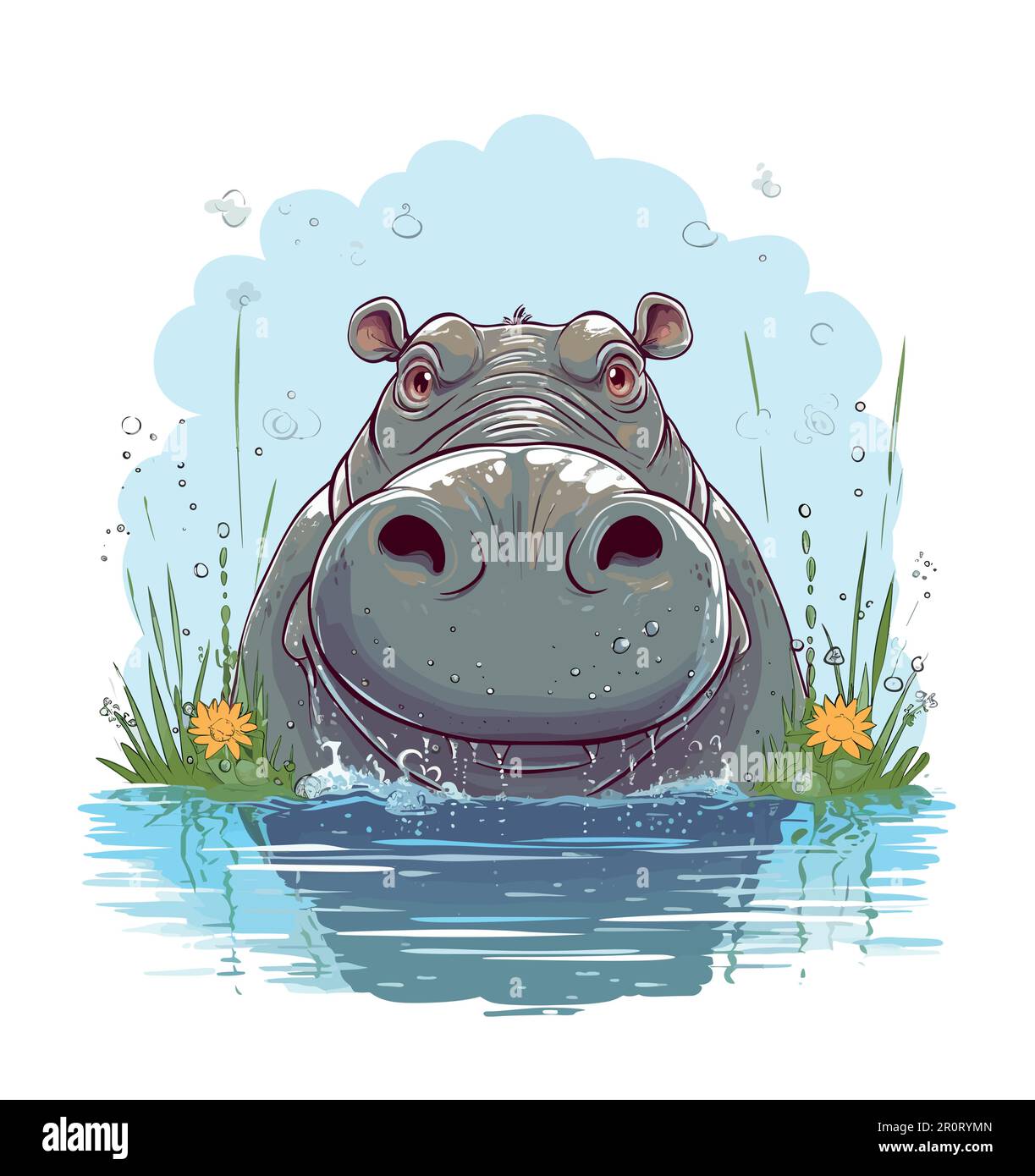 Cartoon animal, cute hippo on blue backgrounds. Flat design.Vector ...