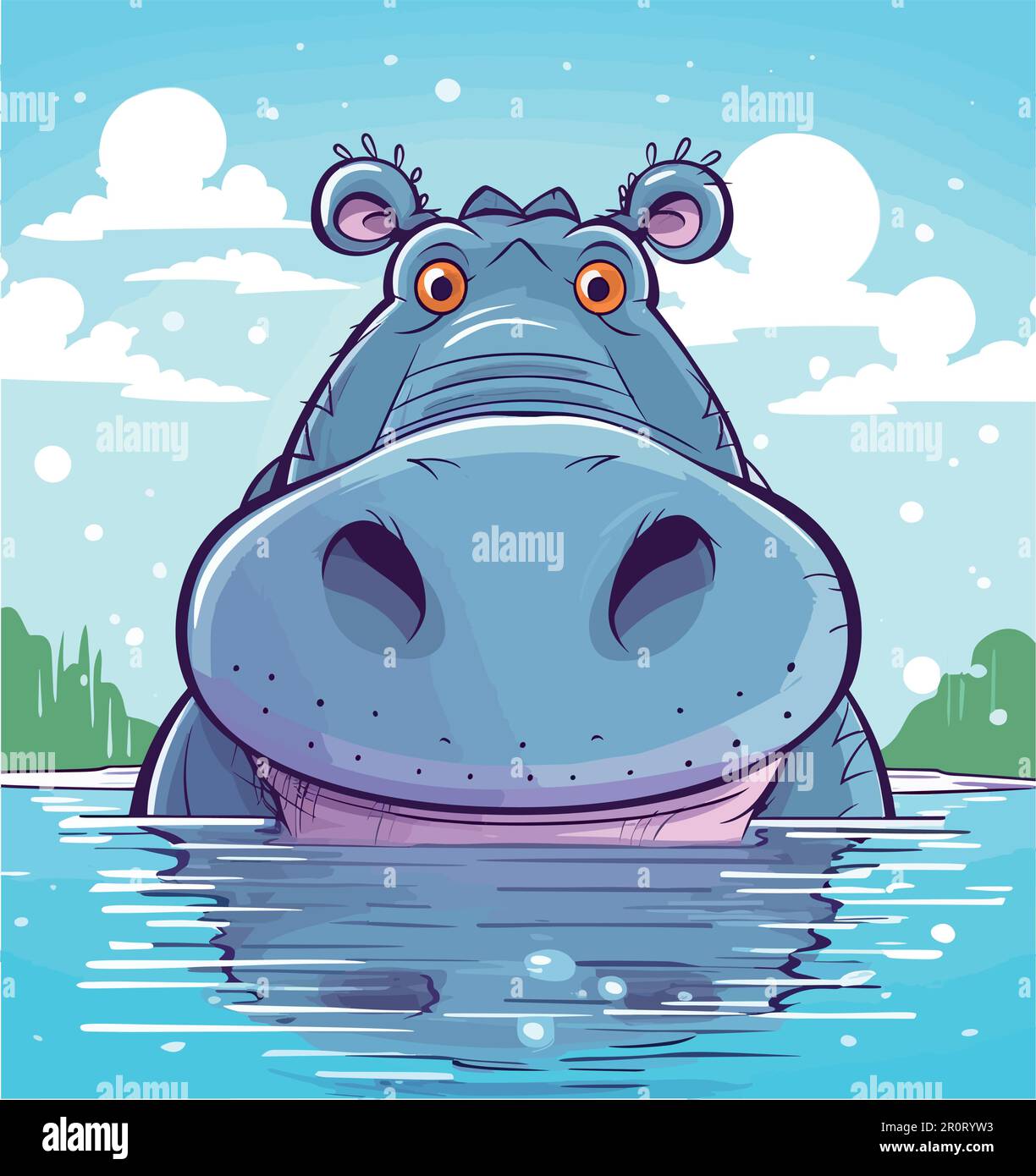 Cartoon animal, cute hippo on blue backgrounds. Flat design.Vector ...
