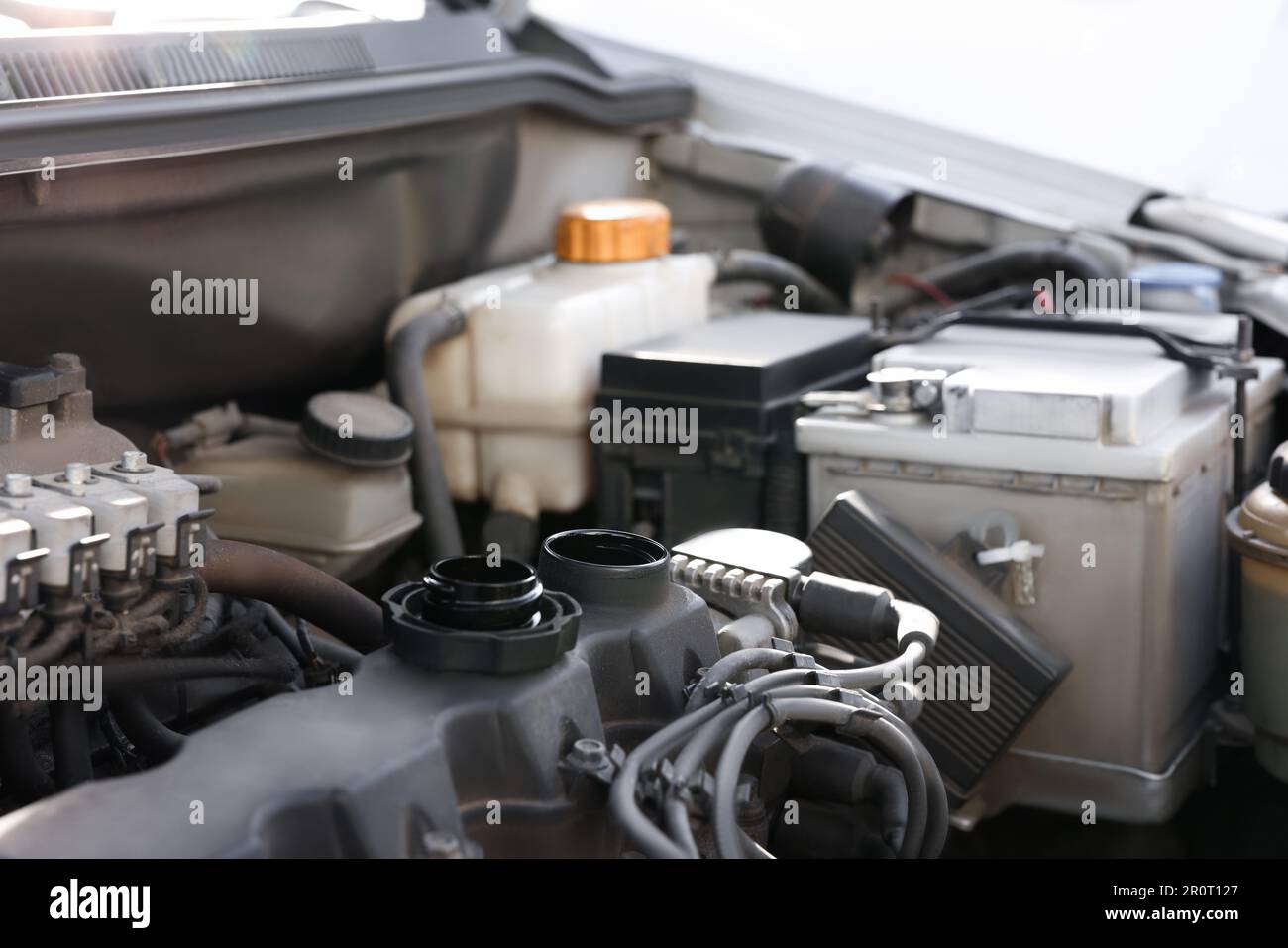 Closeup view of engine bay in modern auto Stock Photo - Alamy