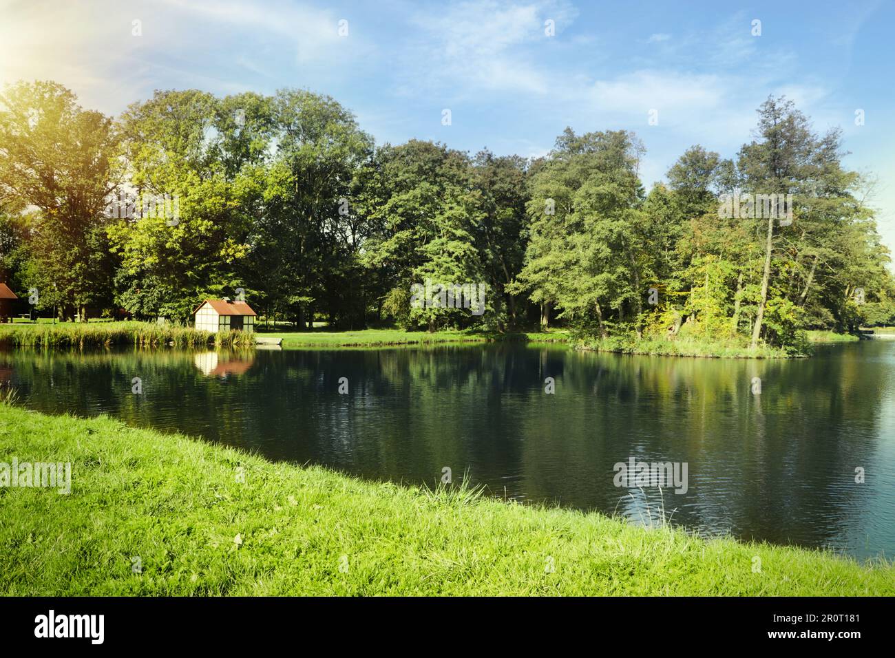Beautiful view of public city park with river Stock Photo - Alamy