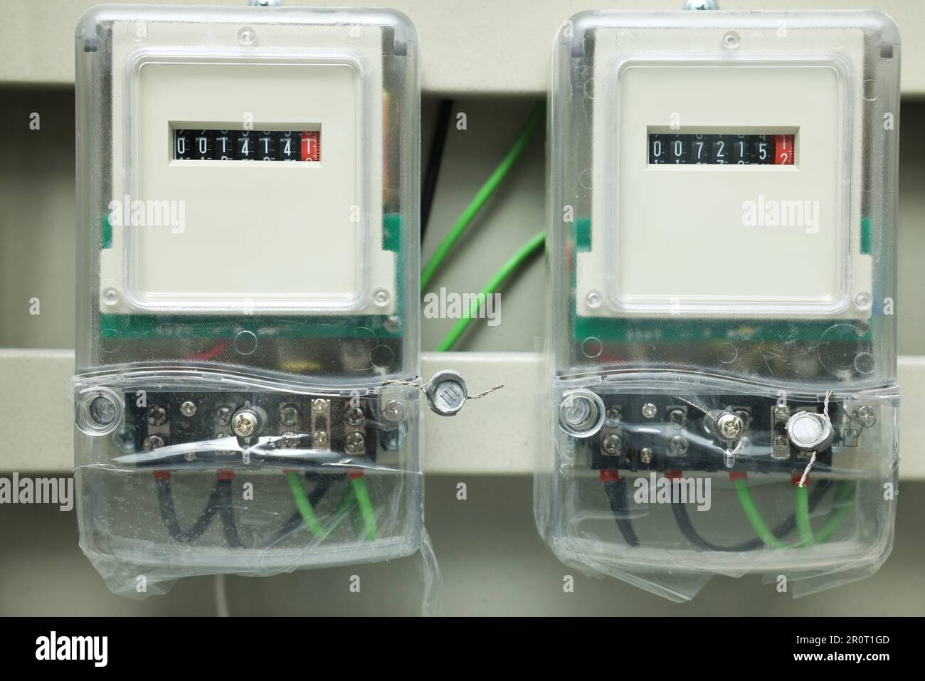 Electric meters and wires in fuse box, closeup Stock Photo - Alamy