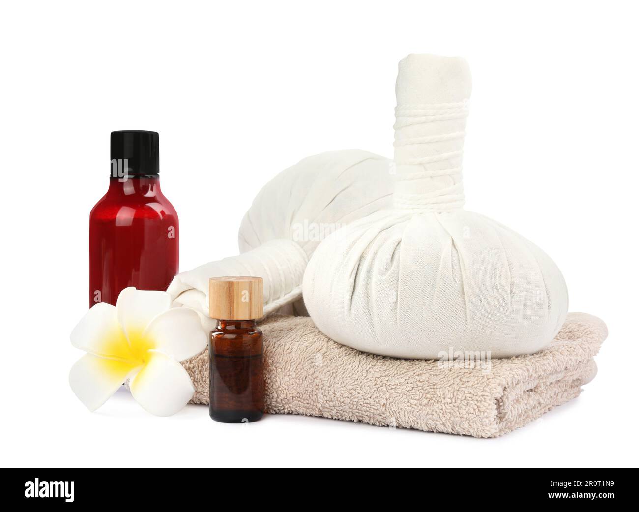Herbal massage bags, towel and cosmetic products on white background ...