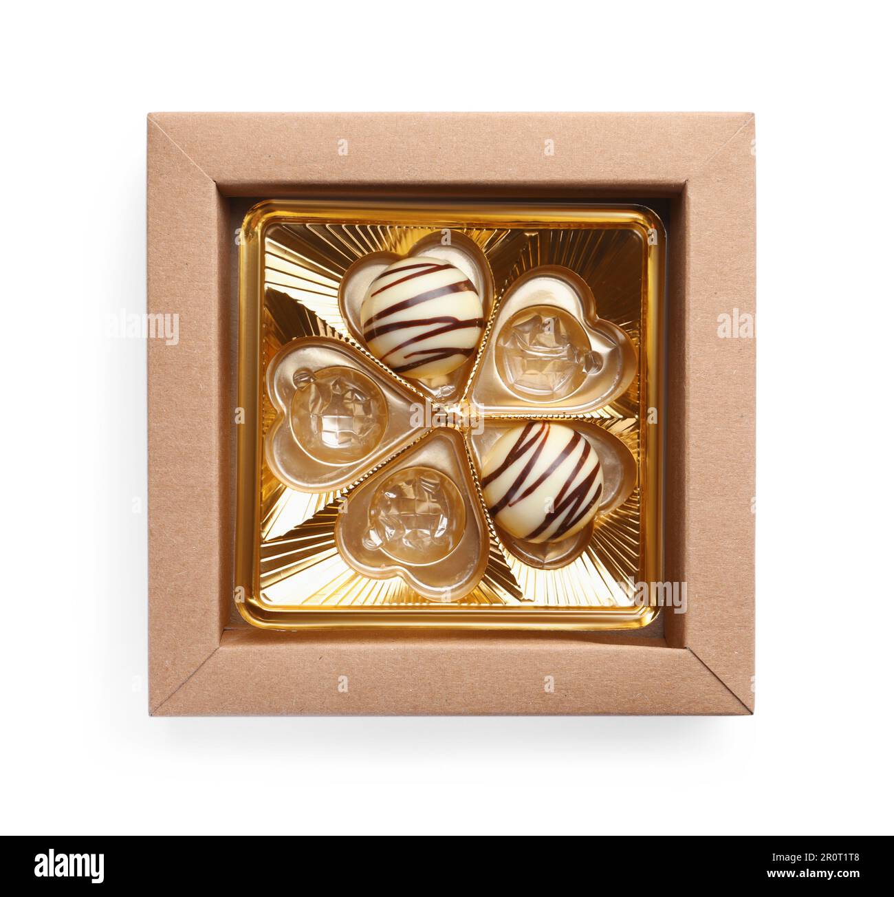 Partially empty box of chocolate candies isolated on white, top view ...