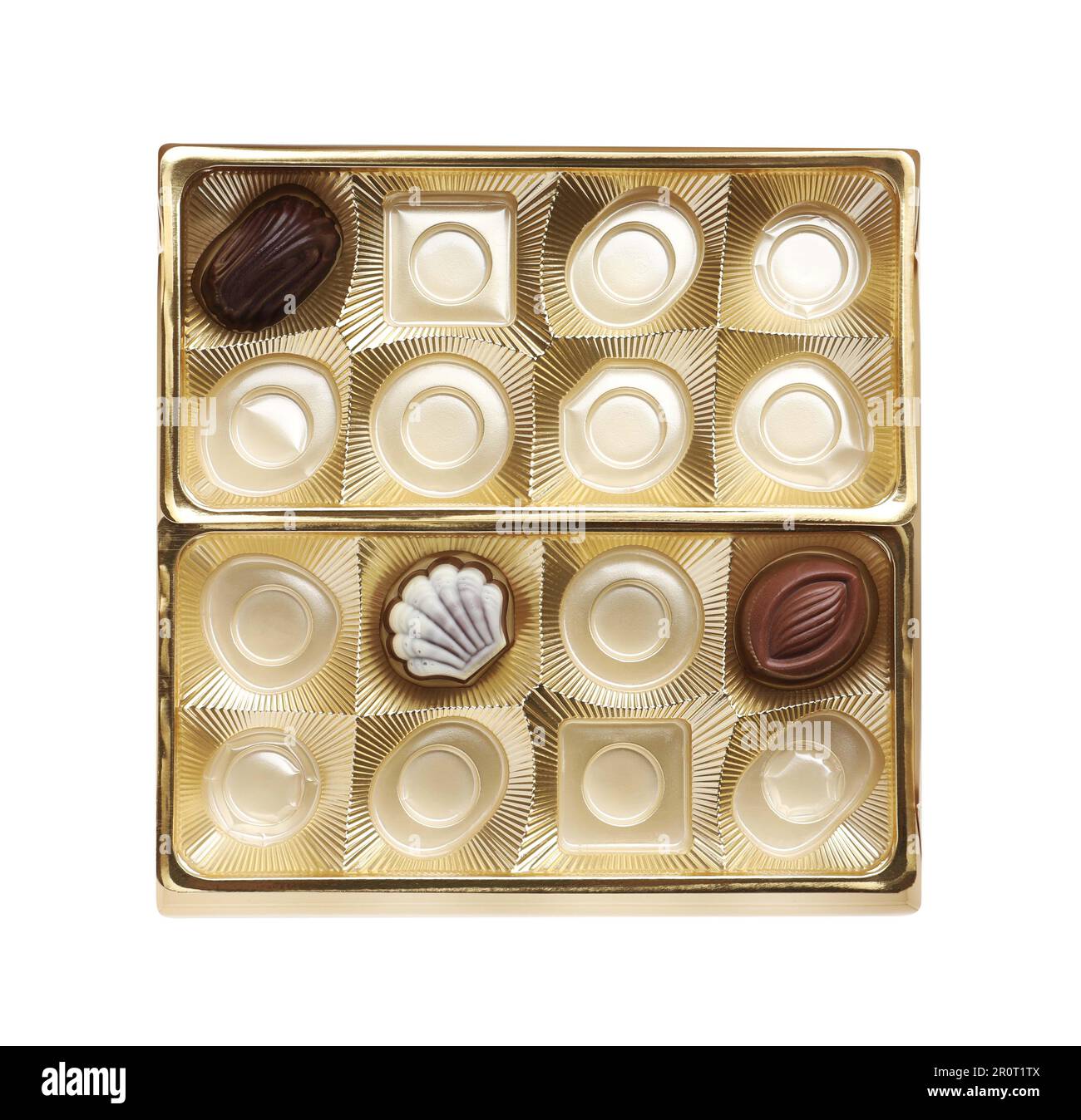 Partially empty box of chocolate candies isolated on white, top view ...