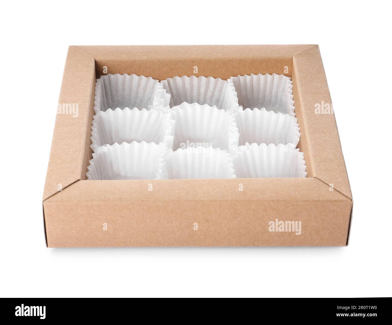 Empty box of chocolate sweets with candy paper cups isolated on white ...