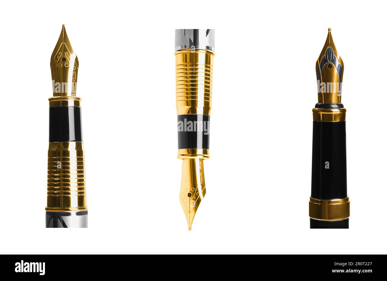 Set with different beautiful fountain pens on white background Stock ...