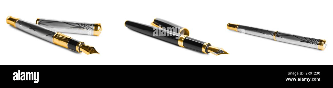 Set with different beautiful fountain pens on white background. Banner ...
