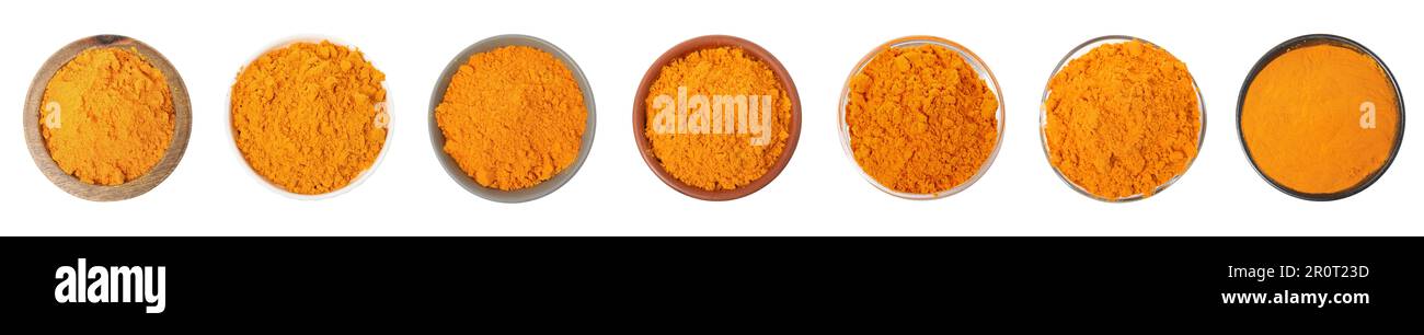 Set with saffron powder on white background, top view. Banner design ...