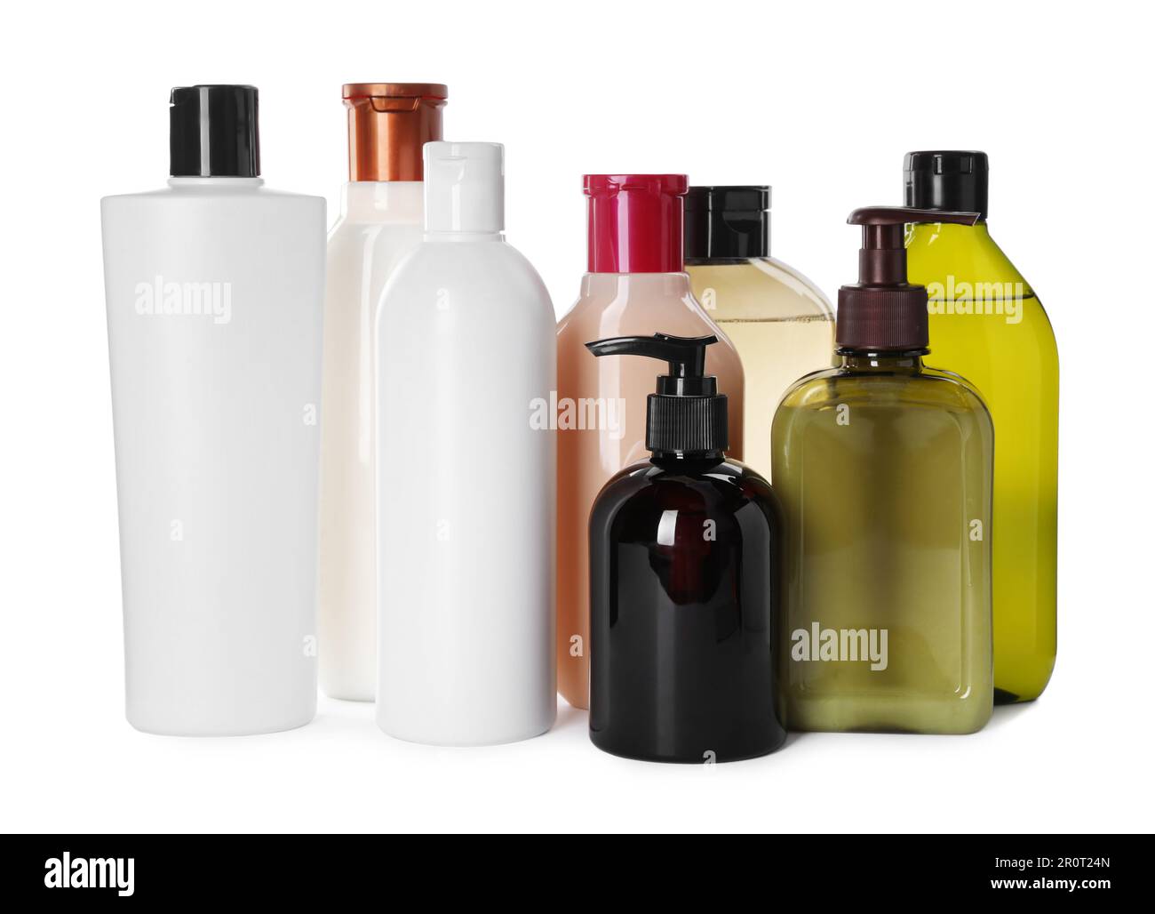 Different bottles of shampoo on white background Stock Photo - Alamy