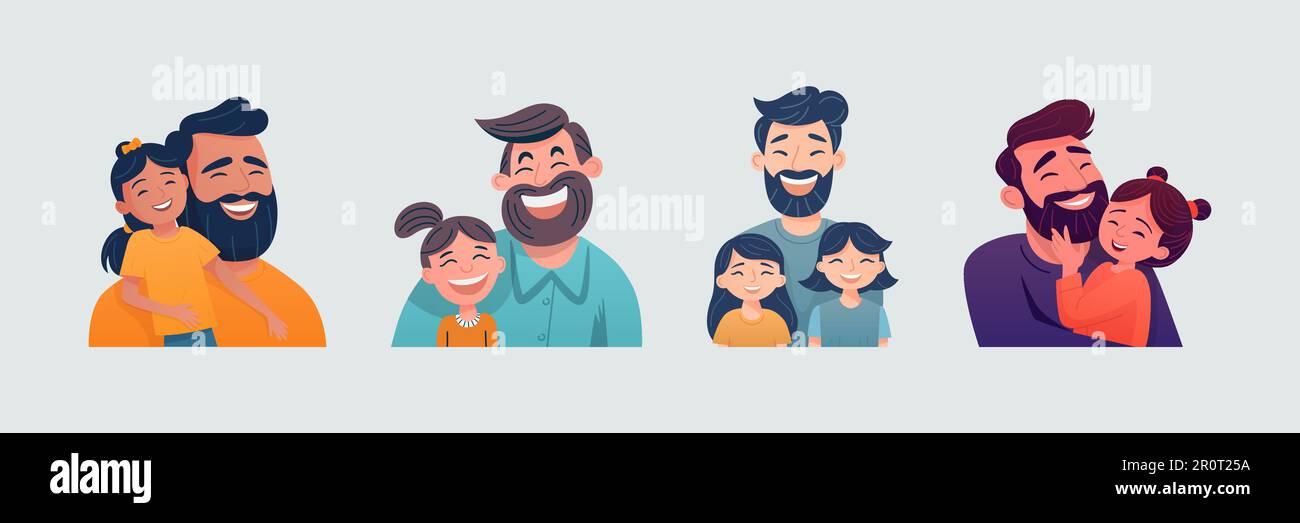 Cartoon Flat Characters - Father and His Little Daughter Set. Happy ...