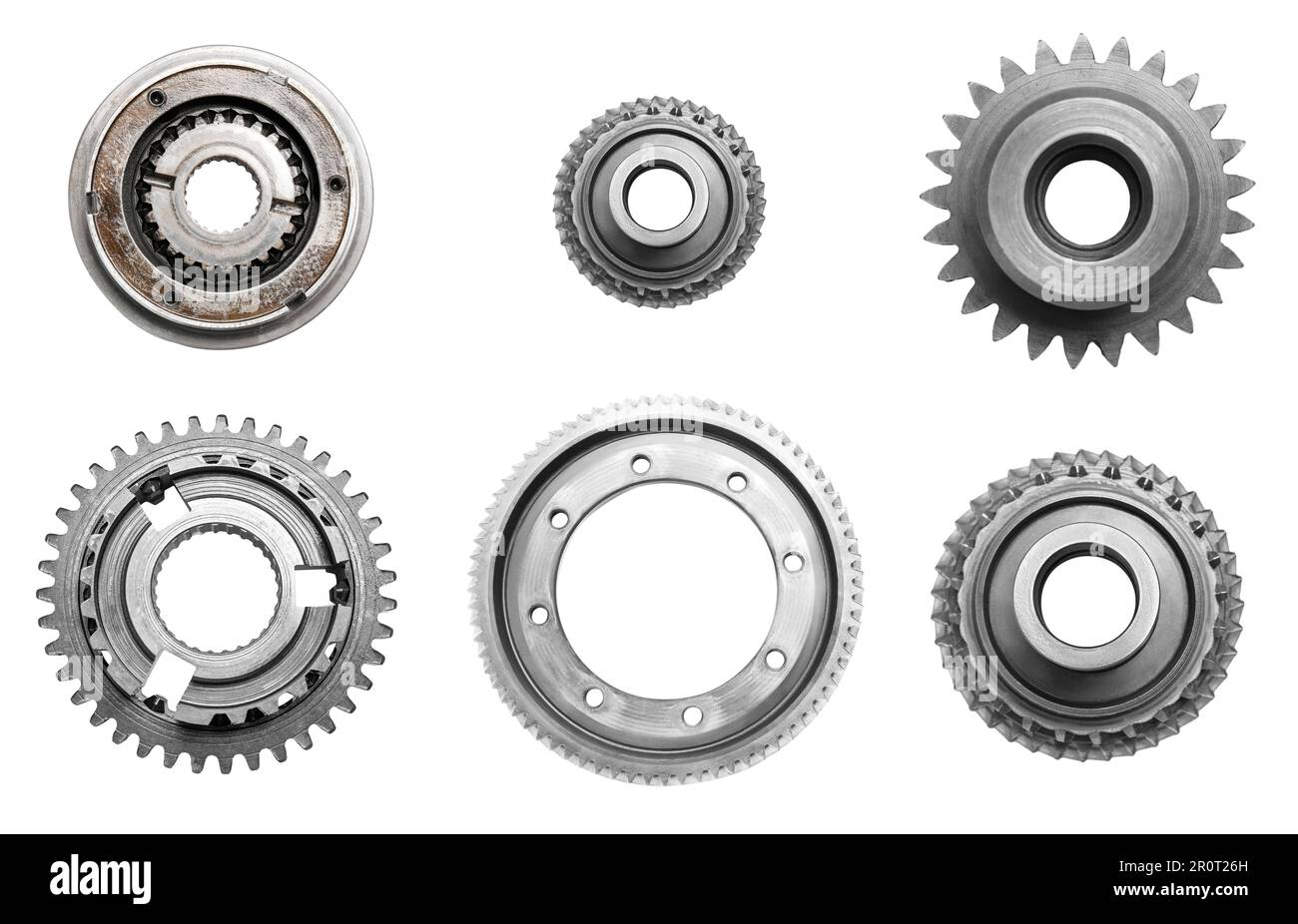 Set with different stainless steel gears on white background, top view ...