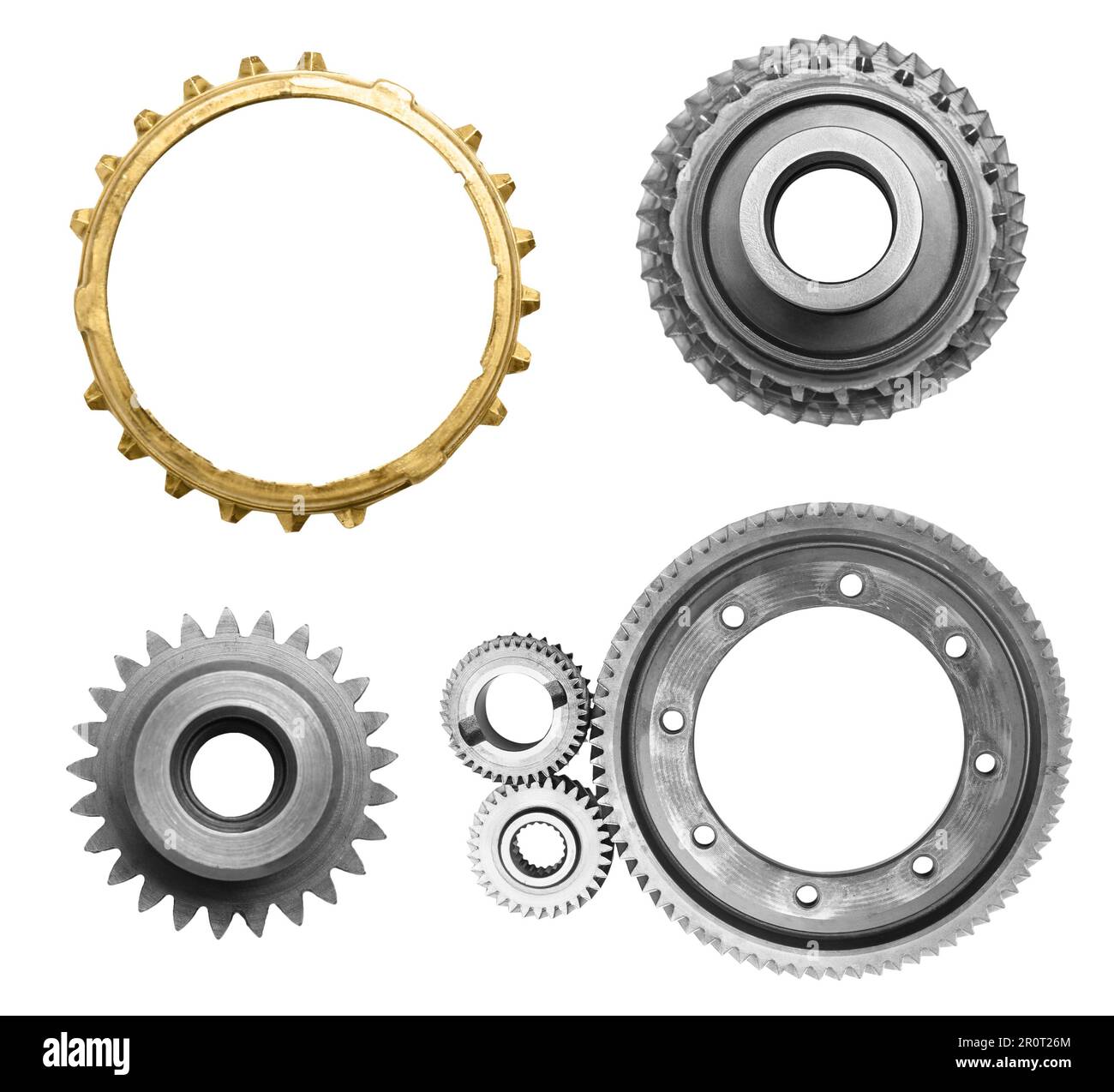 Set with different stainless steel gears on white background, top view ...