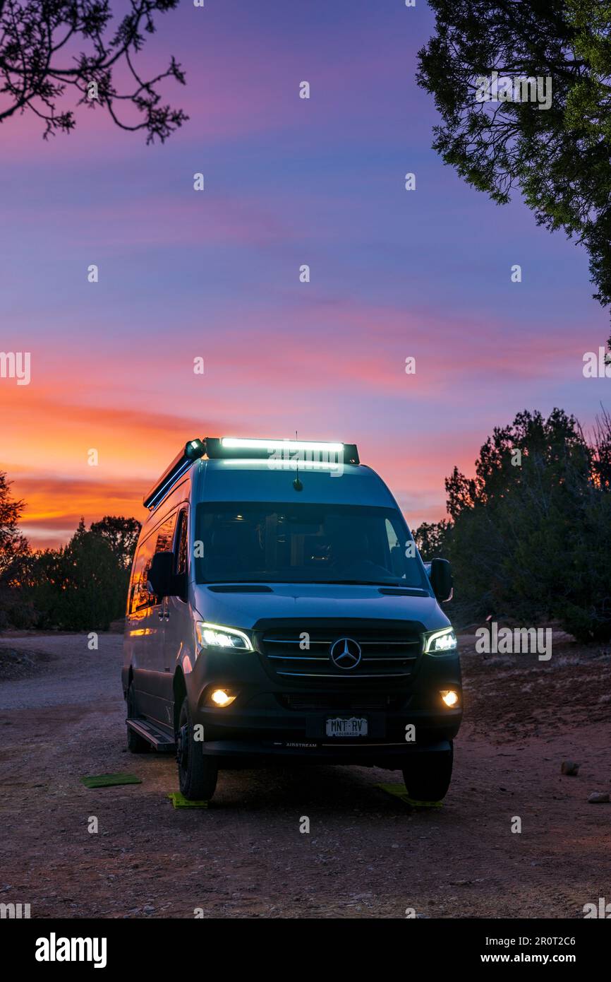 Sunset view of Airstream Interstate 24X 4WD campervan; Kodachrome Basin ...