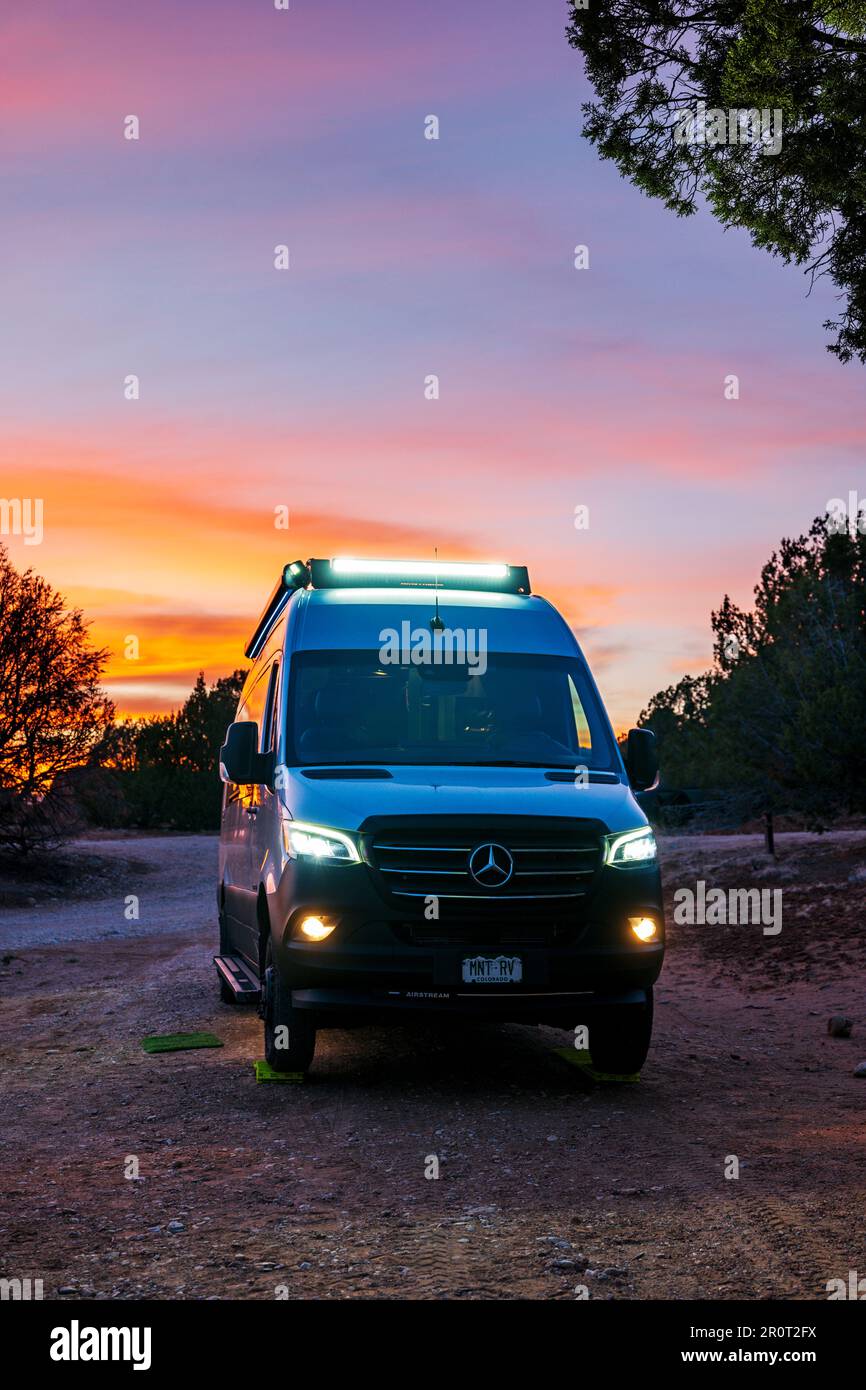 Sunset view of Airstream Interstate 24X 4WD campervan; Kodachrome Basin ...