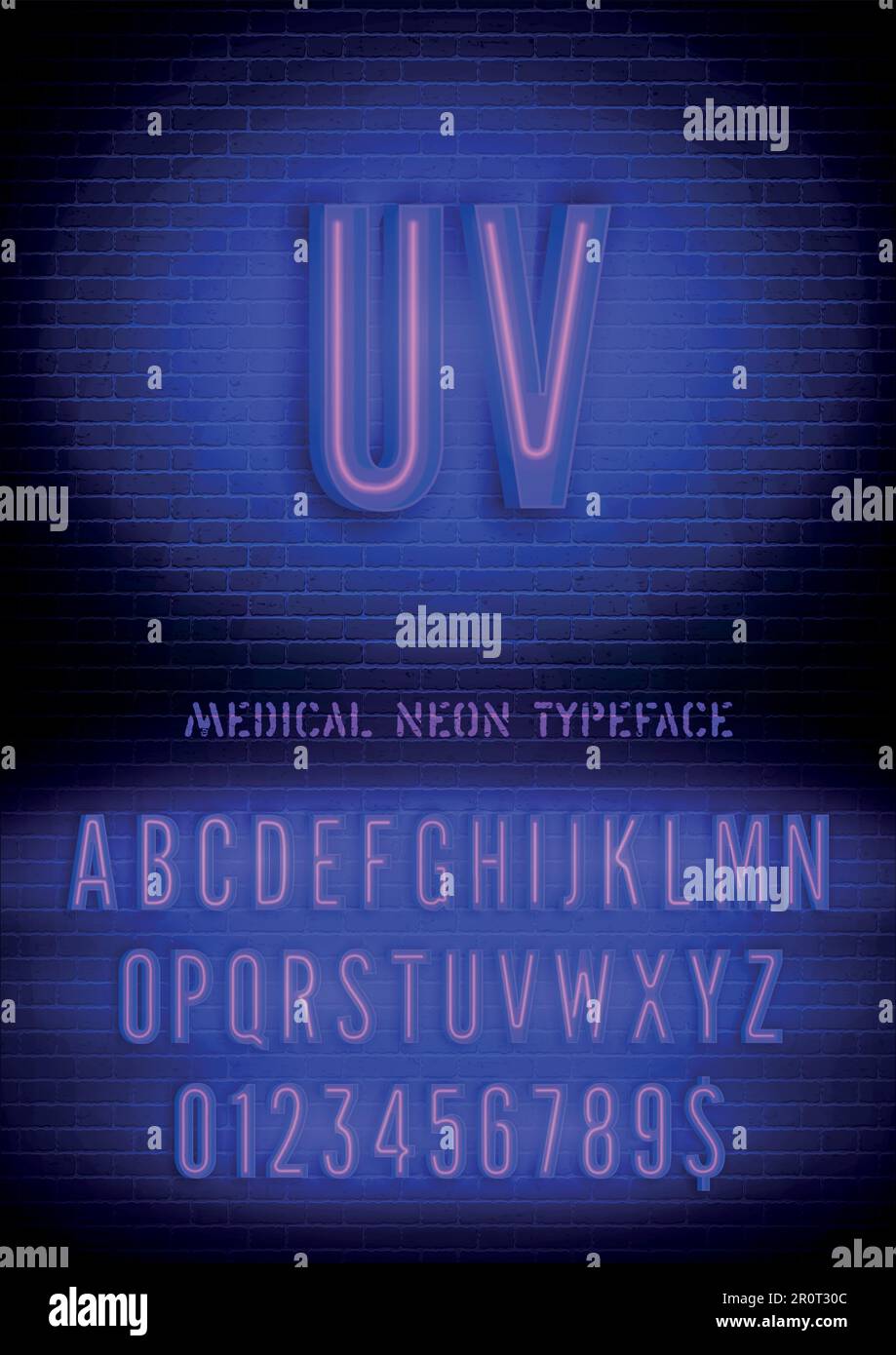 UV sign and ultraviolet neon box font with numbers on vector dark brick ...