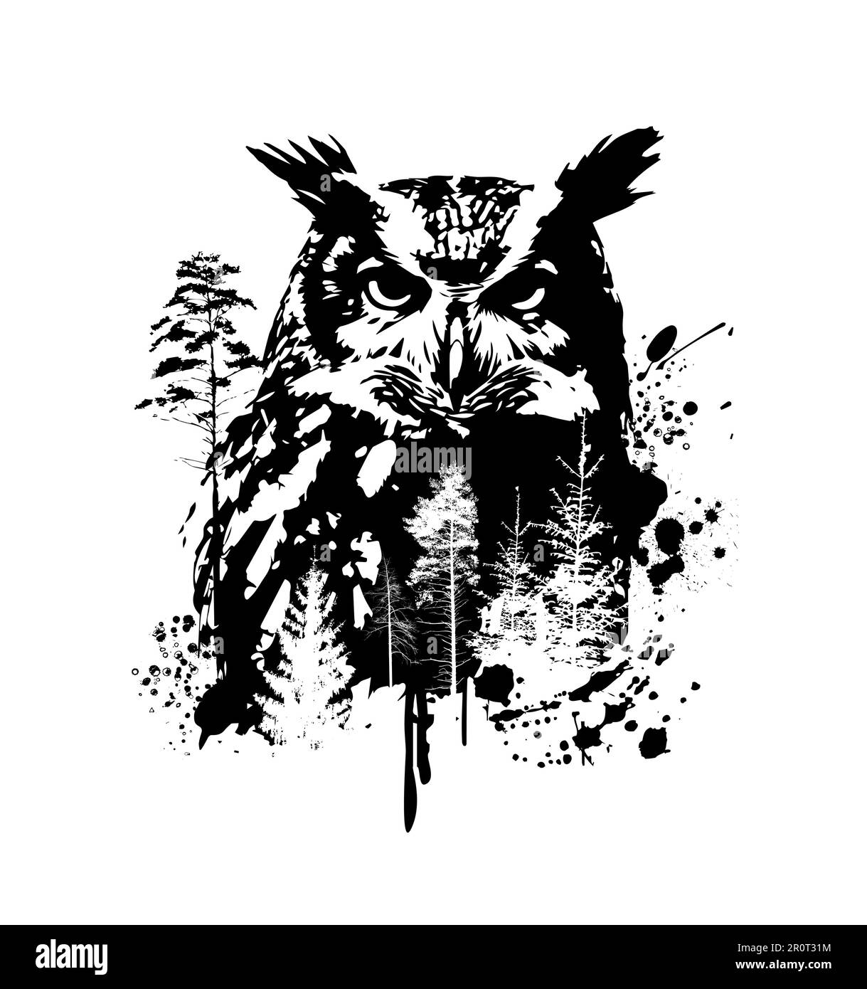 Monochrome graphic portrait of an owl in the forest. Abstraction trees ...