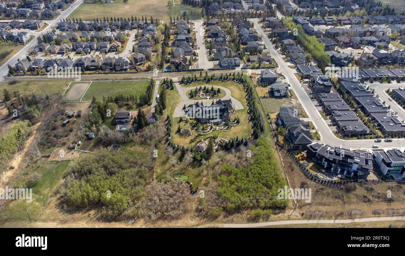 Aerial view of suburban detached homes in the Aspen Woods area of ...