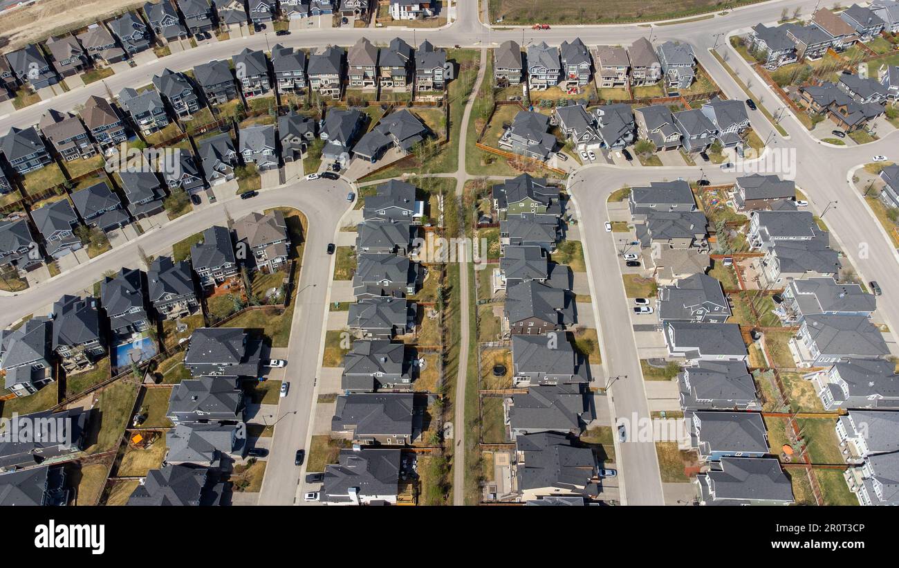 Aerial view of suburban detached homes in the Aspen Woods area of ...