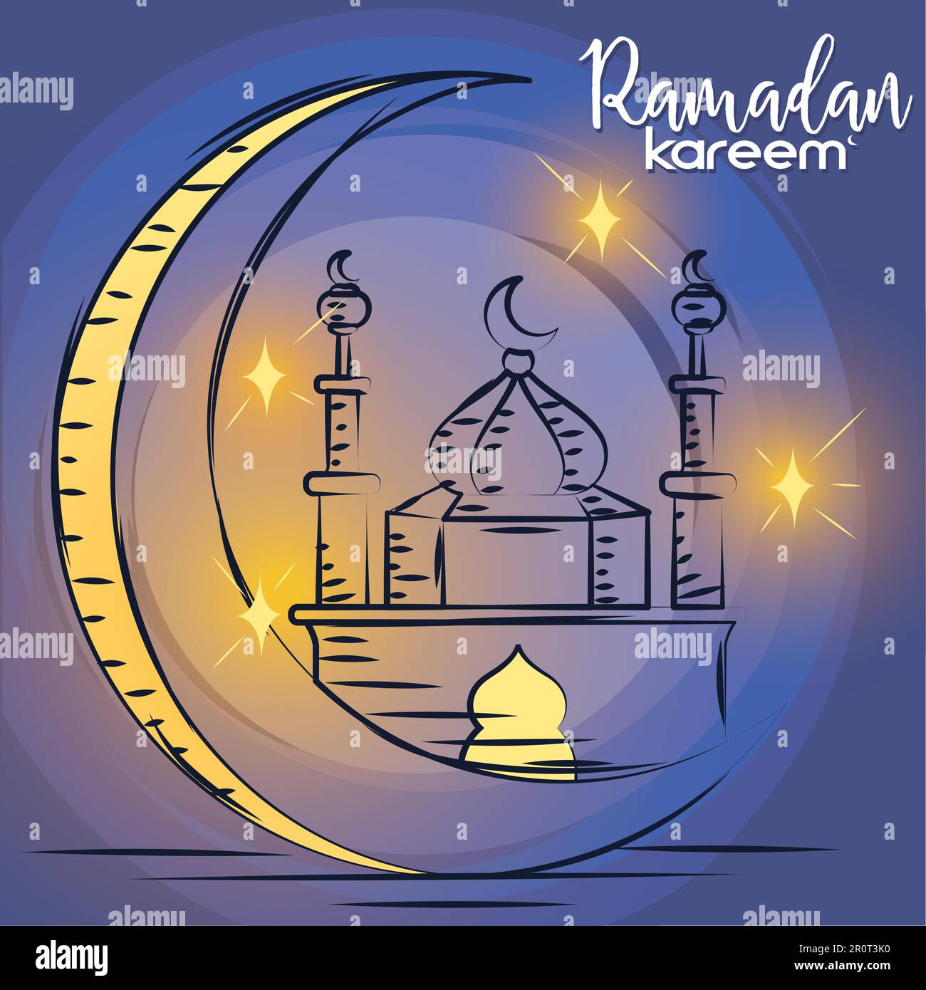 Sketch of a moon with an arab mosque building Colored Ramadan Kareem ...