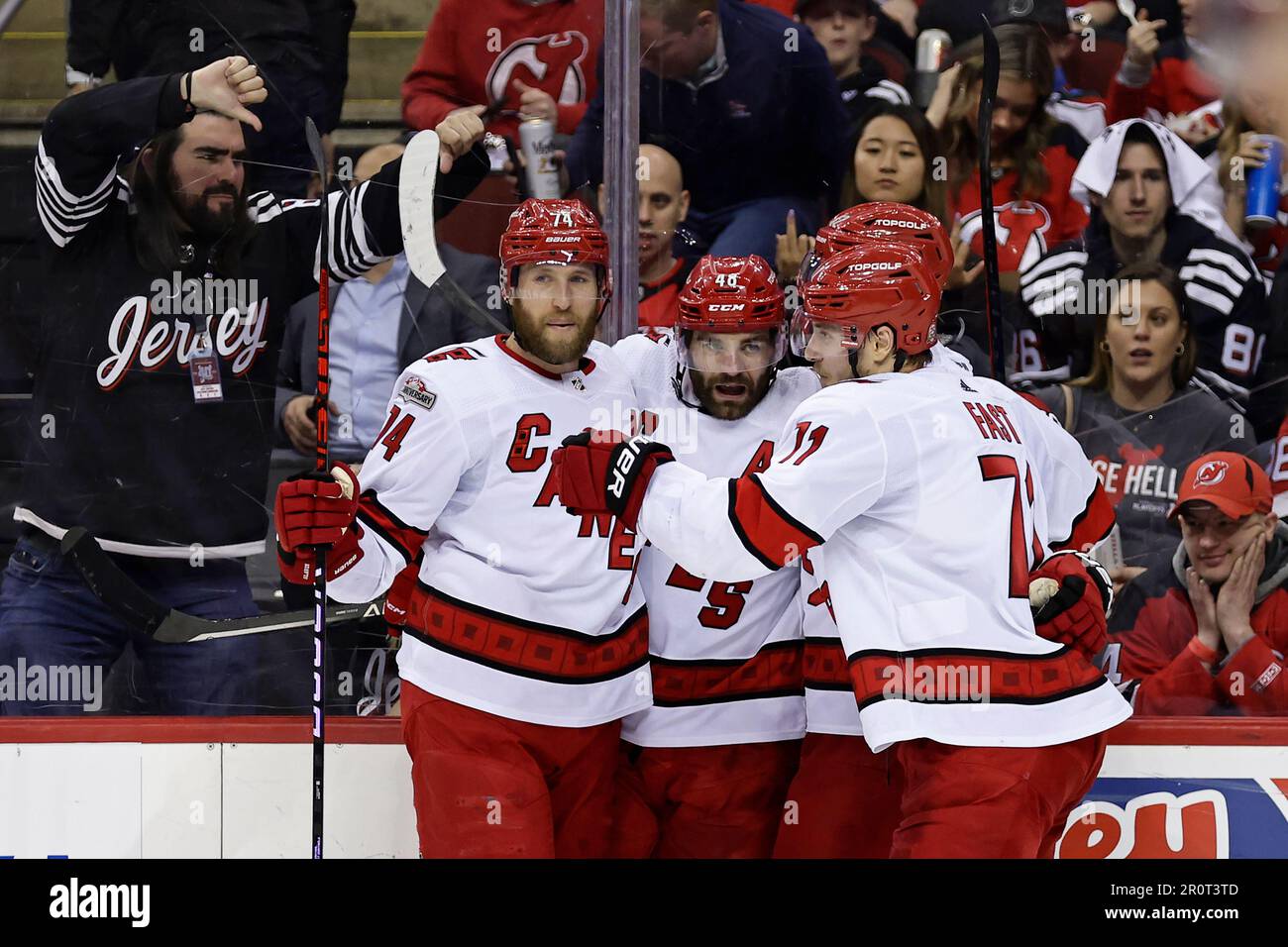 Carolina Hurricanes left wing Jordan Martinook (48) is congratulated by ...