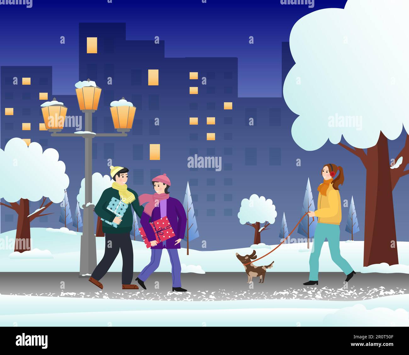 People walk through the city park. Winter landscape with lanterns, a ...