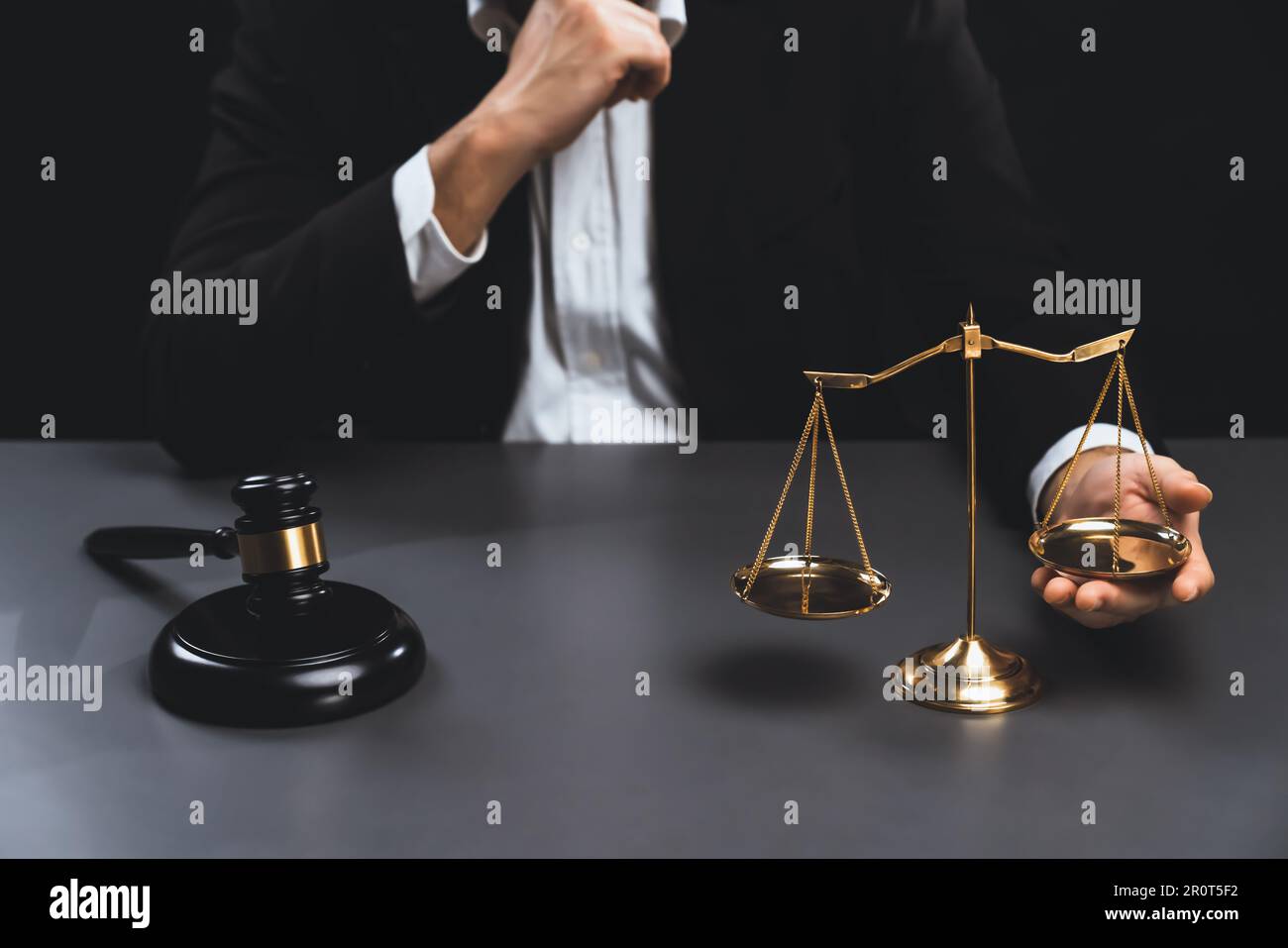Focus symbols of justice, gavel hammer and scale balance on blurred ...