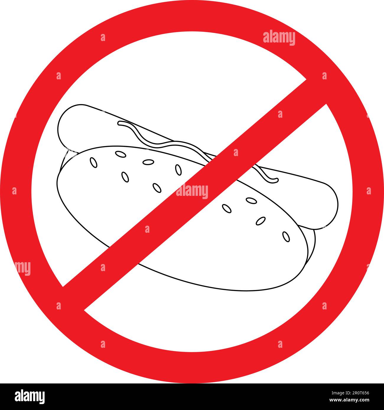 Outline drawing of a hot dog under a red prohibition sign. Fast food ...
