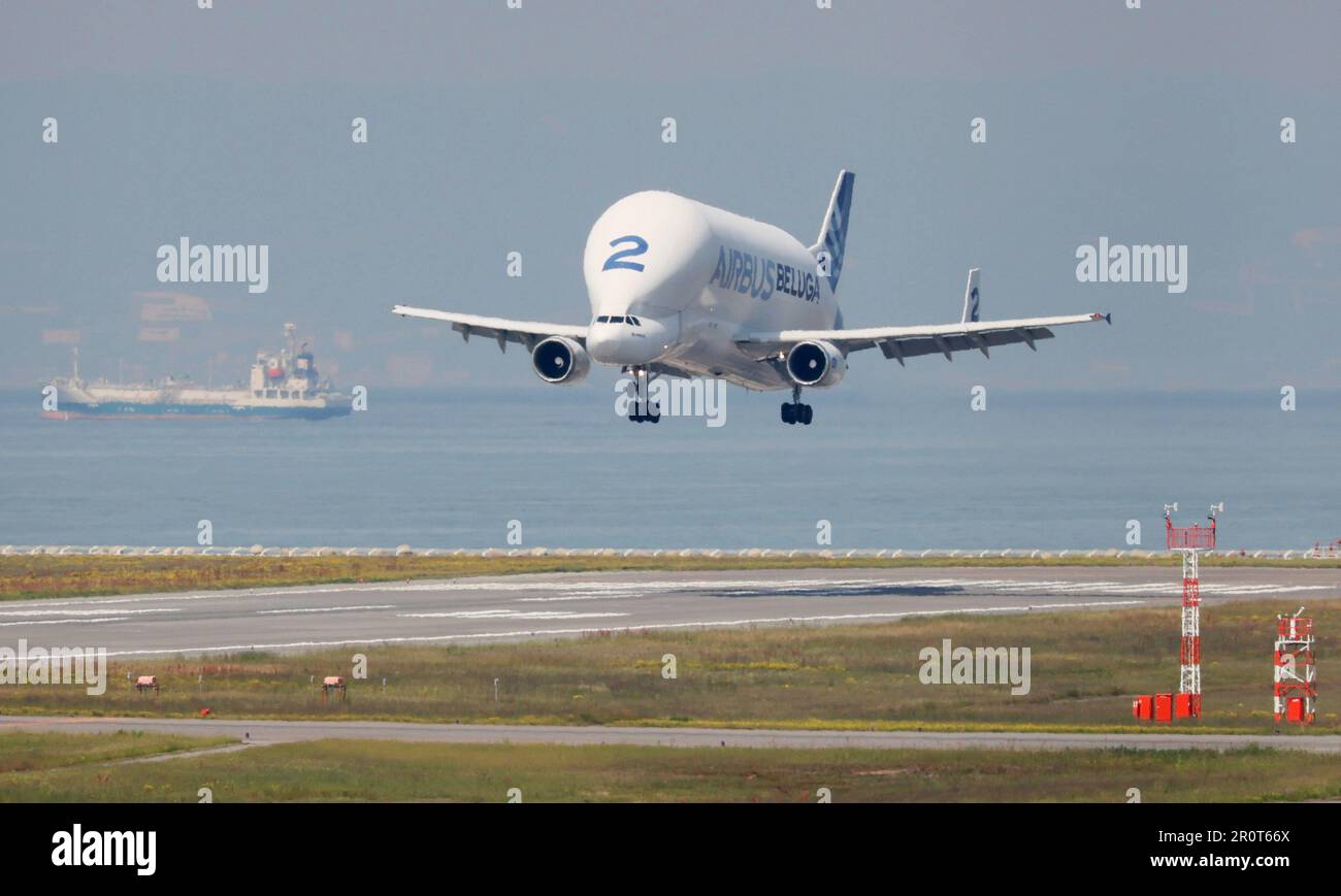Airbus A300-600ST (Super Transporter / Beluga) comes flying at Kobe ...
