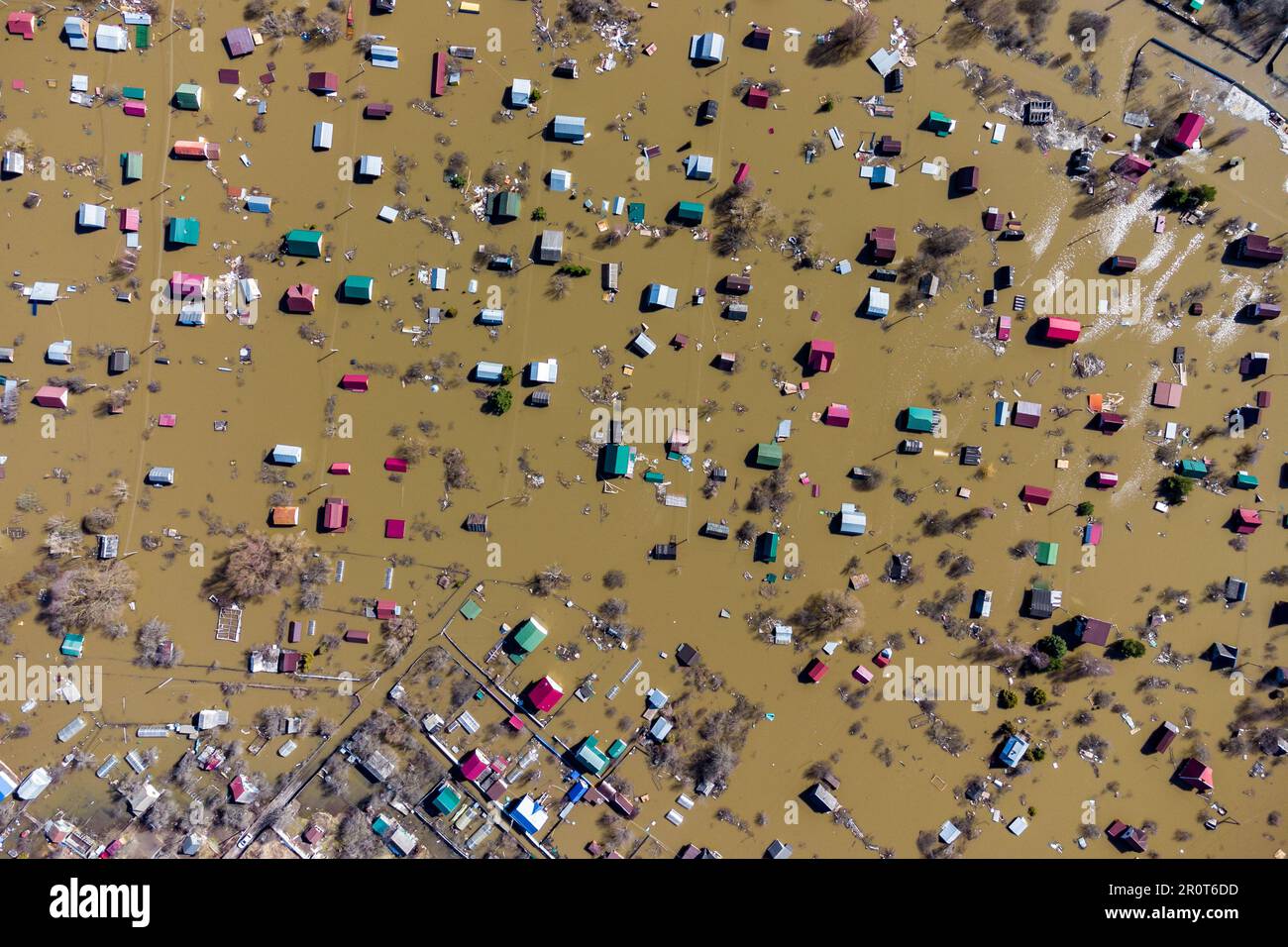 View from a high altitude of flooded houses in the countryside during ...