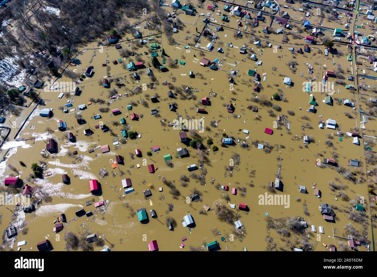 View from a high altitude of flooded houses in the countryside during ...