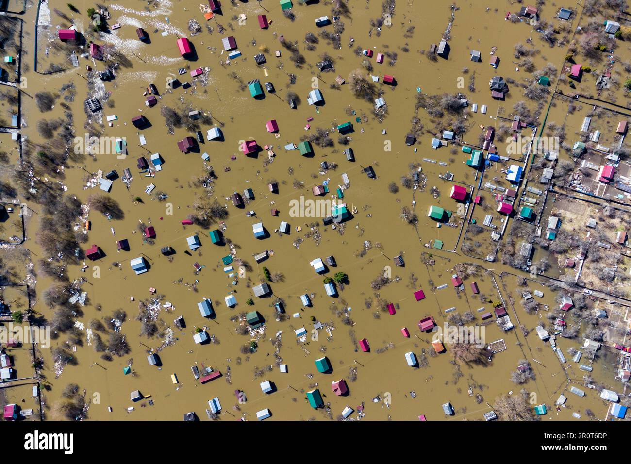 View from a high altitude of flooded houses in the countryside during ...