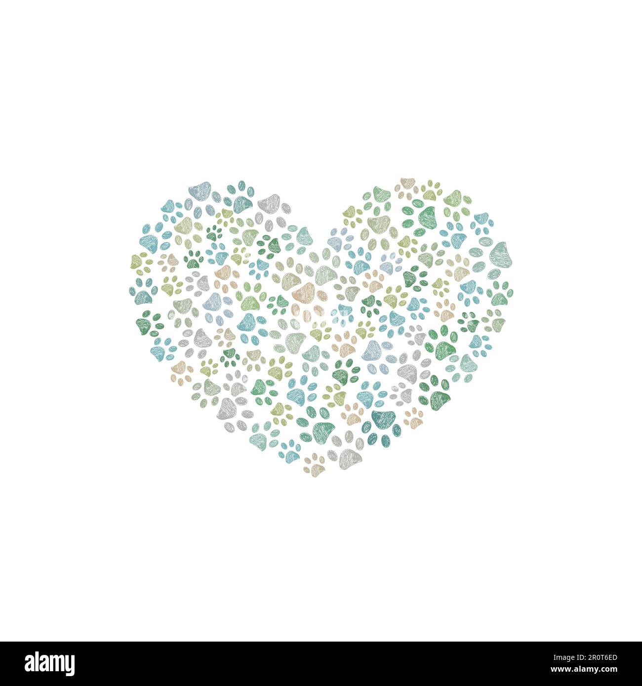 Made of doodle paw prints heart. Nature green colored heart. Dog, cat ...