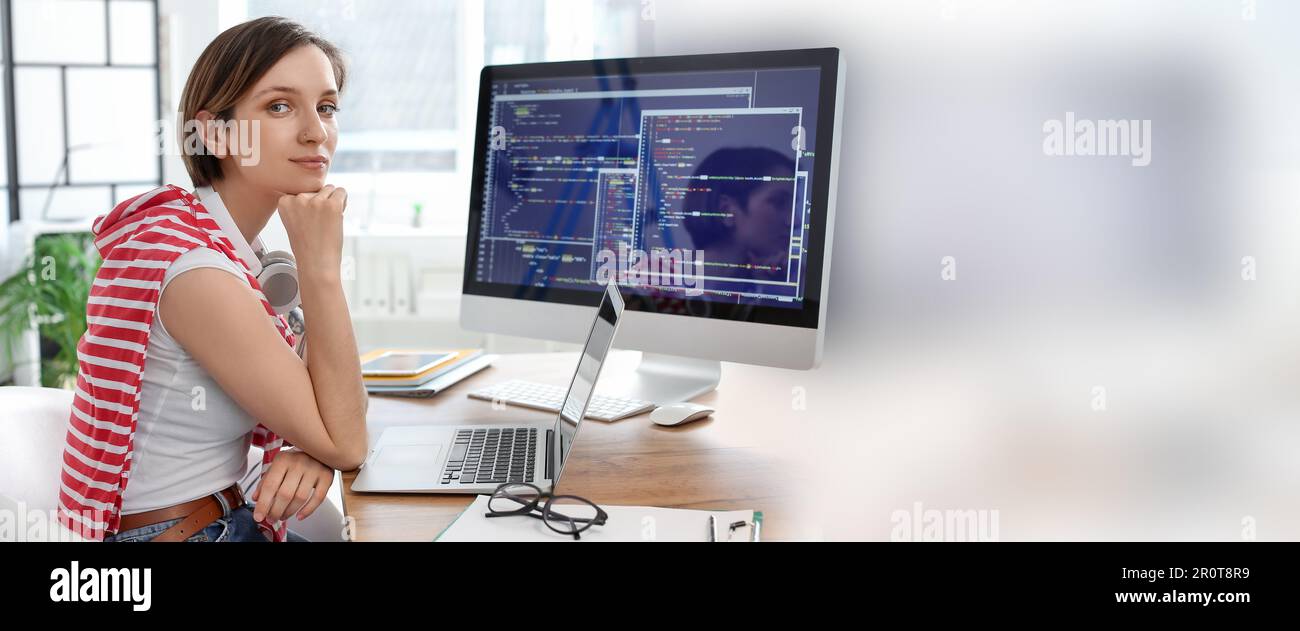 Female programmer in office. Banner for design Stock Photo - Alamy