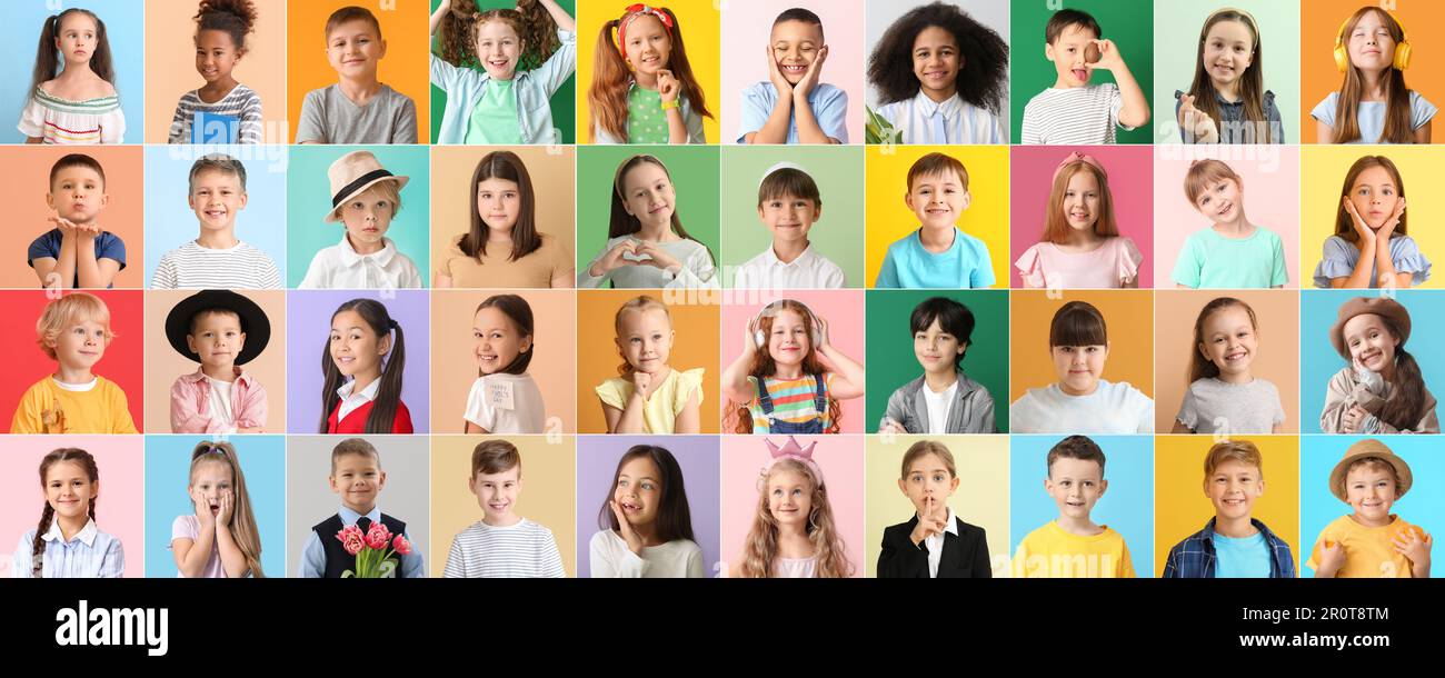 Collage of different adorable children on color background Stock Photo ...