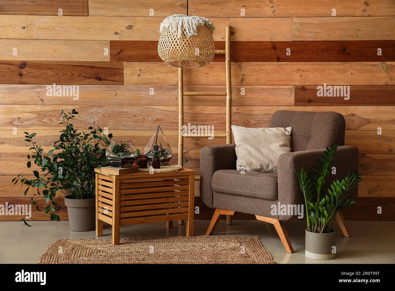 Interior of living room with florariums and armchair Stock Photo - Alamy