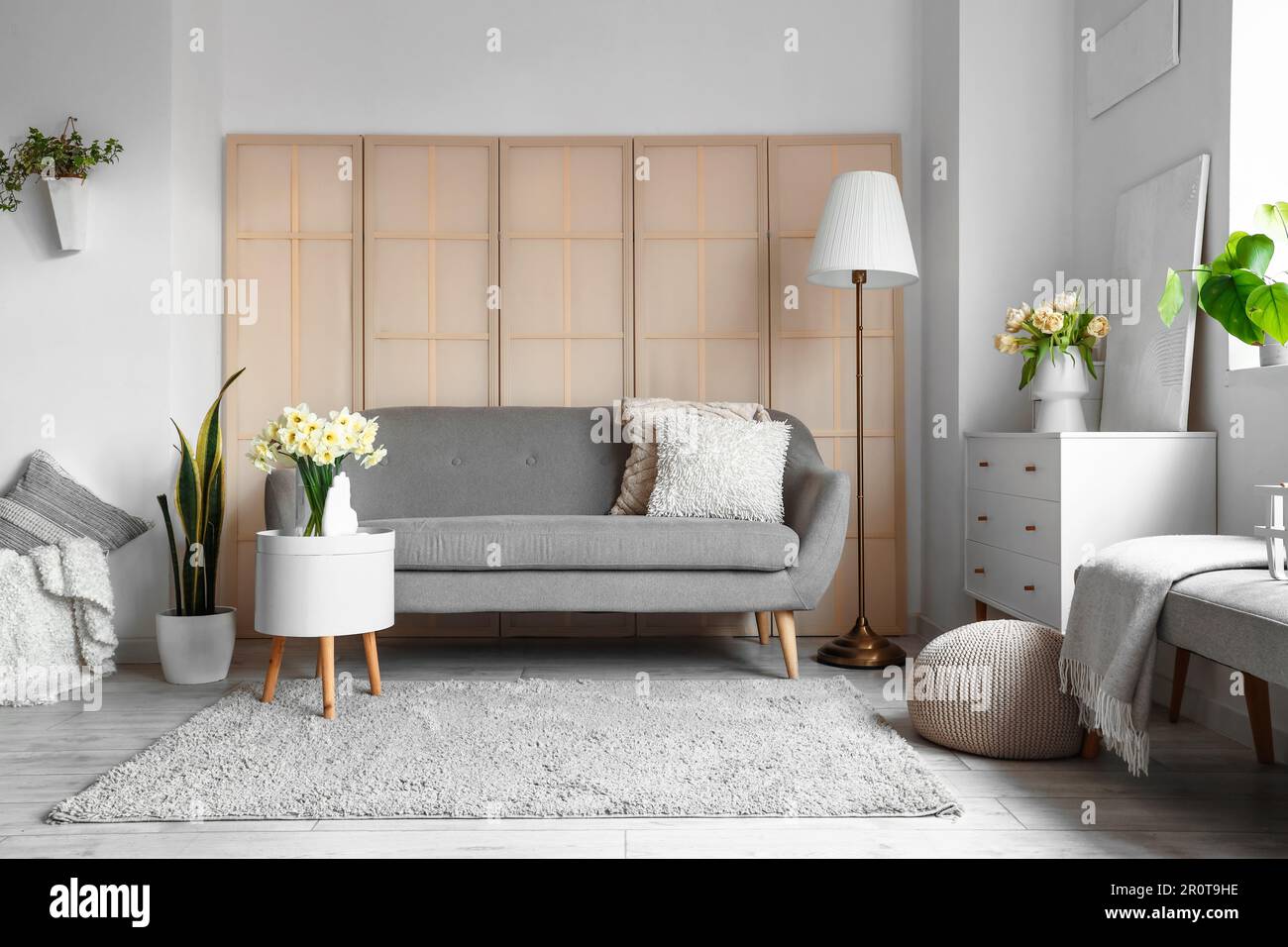 Interior of living room with grey sofa, drawers and lamp Stock Photo ...