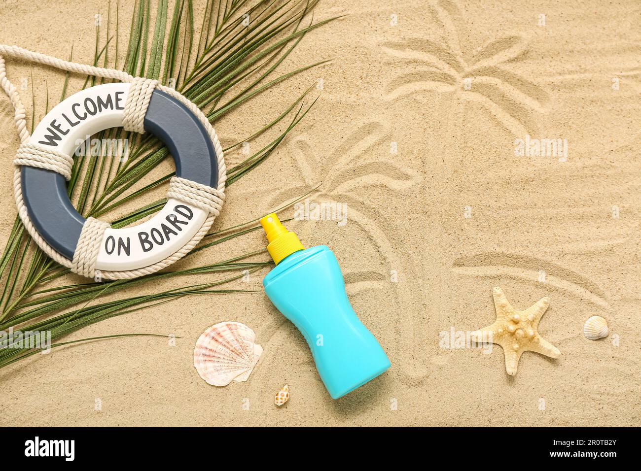 Creative composition with sunscreen cream, lifeline and palm leaf on ...