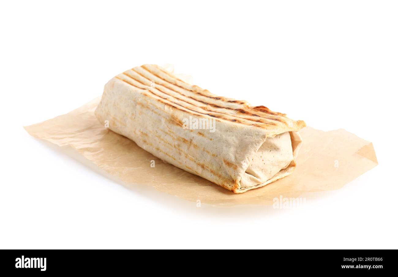 Baking paper with tasty shawarma on white background Stock Photo - Alamy