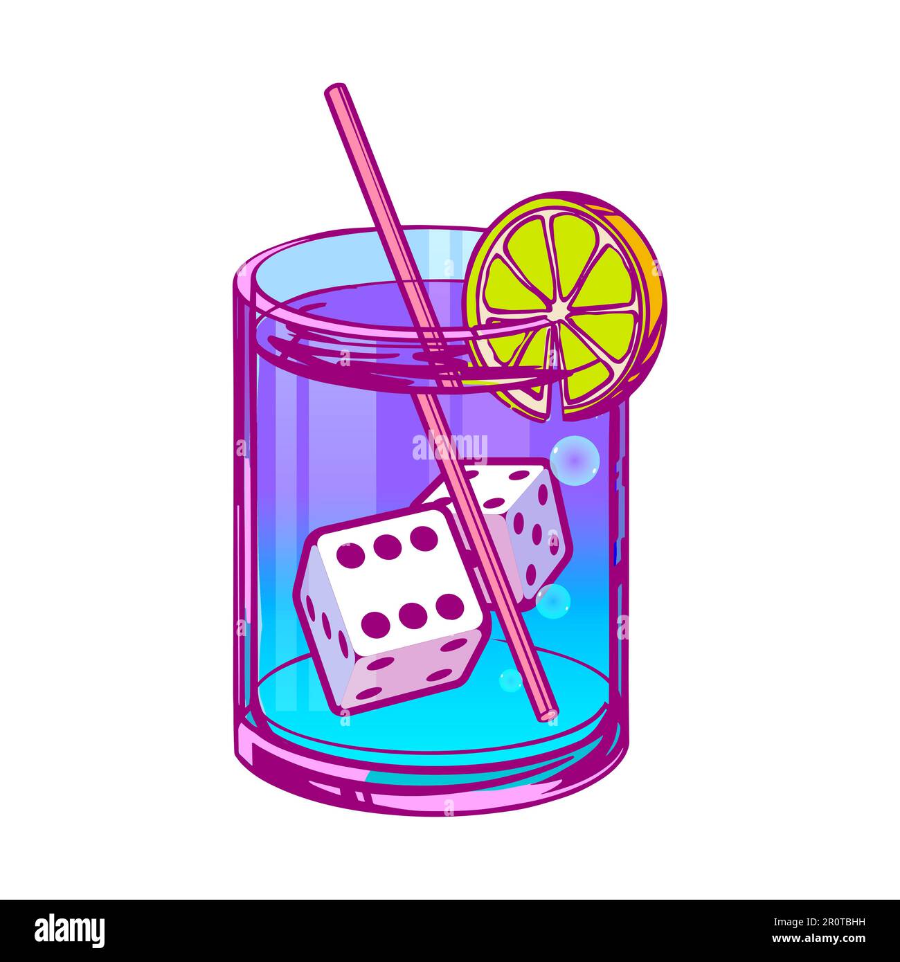 Cocktail with playing ice cubes in pop art style on a white background ...