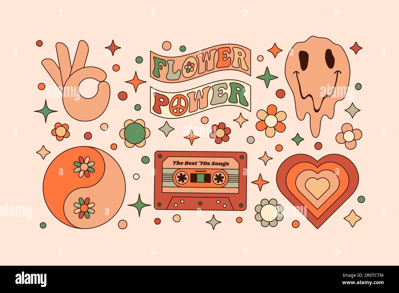 Groovy Elements Set in Retro Hippie Style 70s . Geometric Abstract ...