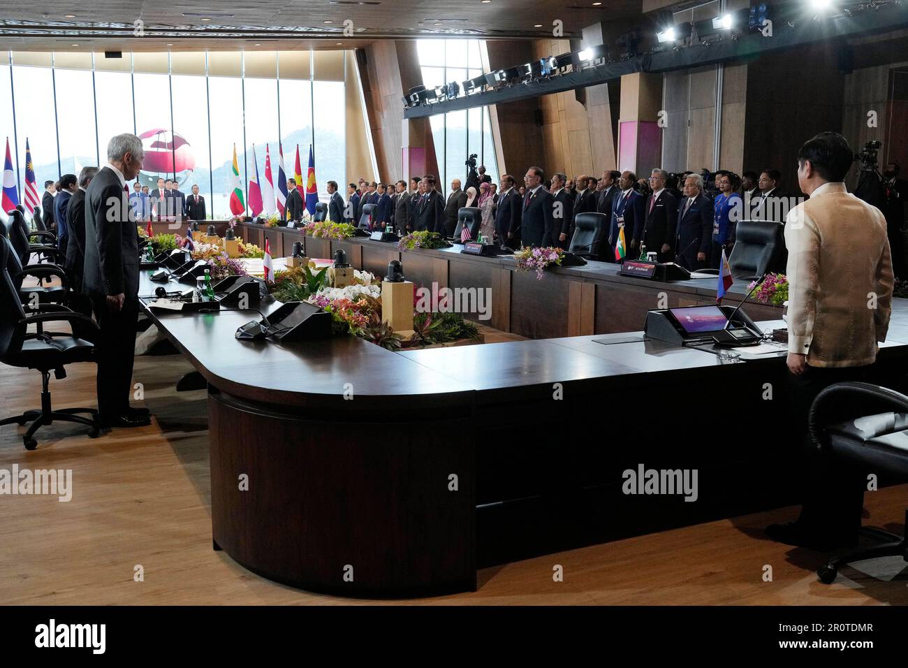 Philippine President Ferdinand Marcos Jr., right, stands with other ASEAN leaders, listen ASEAN ...