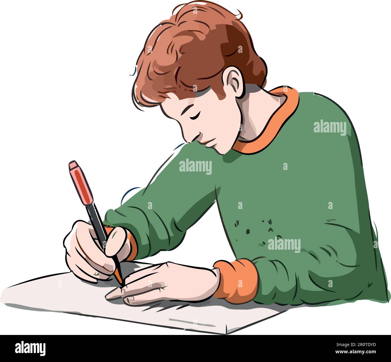 Smiling schoolboy sitting, concentrating on pencil drawing isolated ...