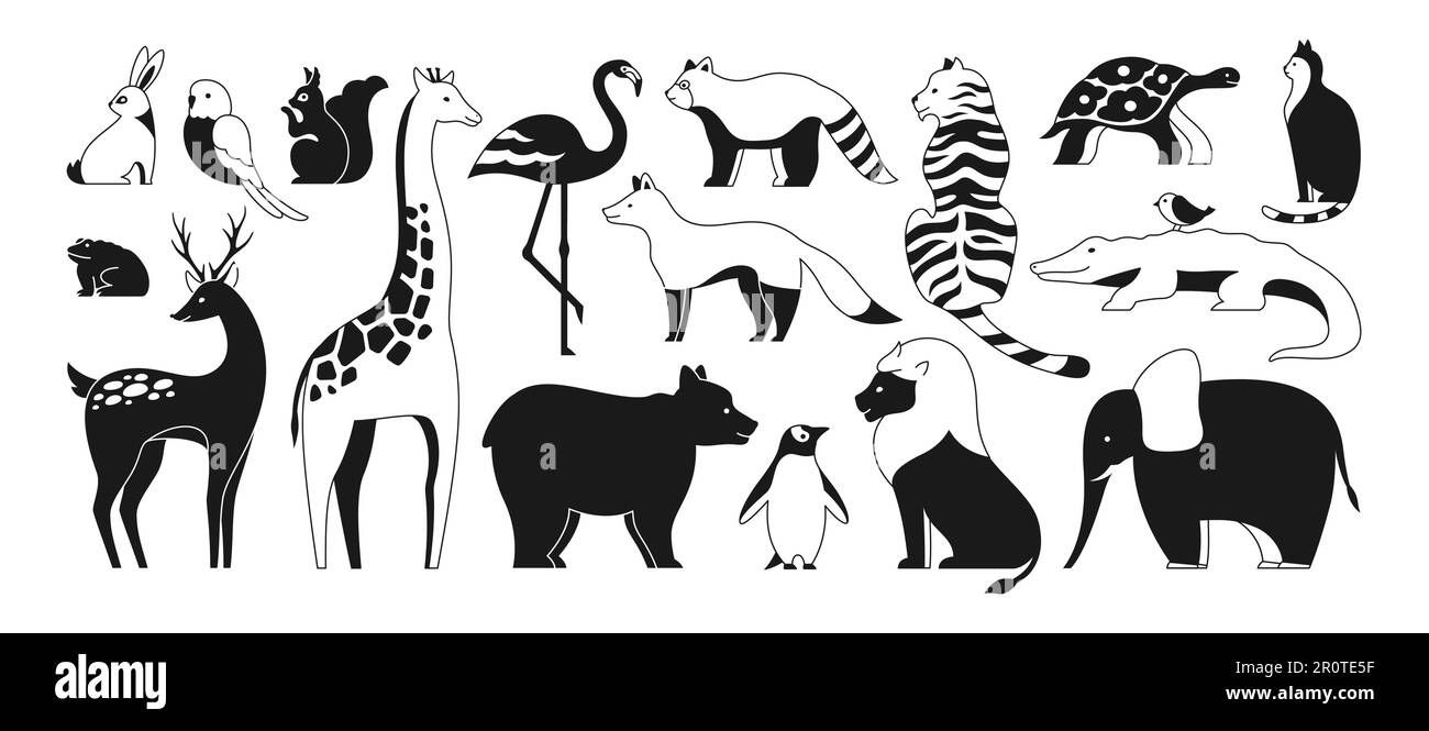 Animal cute monochrome linear set. Hare and parrot, squirrel, frog ...