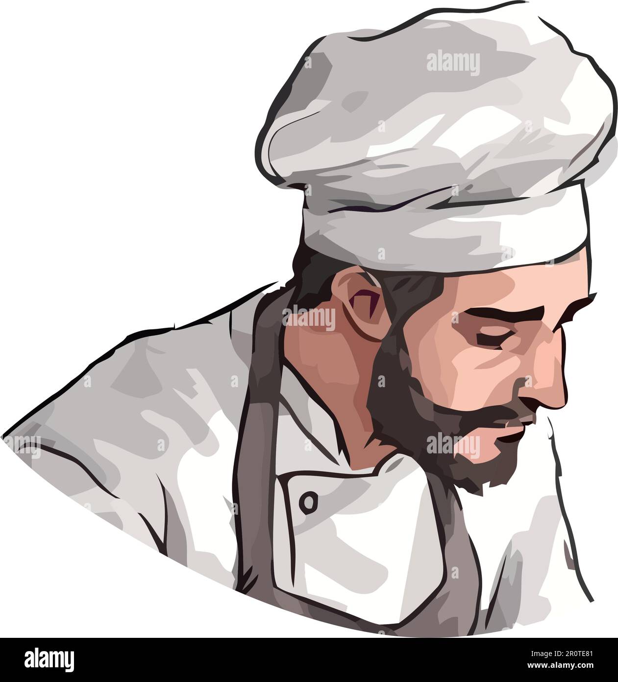 One smiling chef in uniform cooking gourmet food over white Stock ...