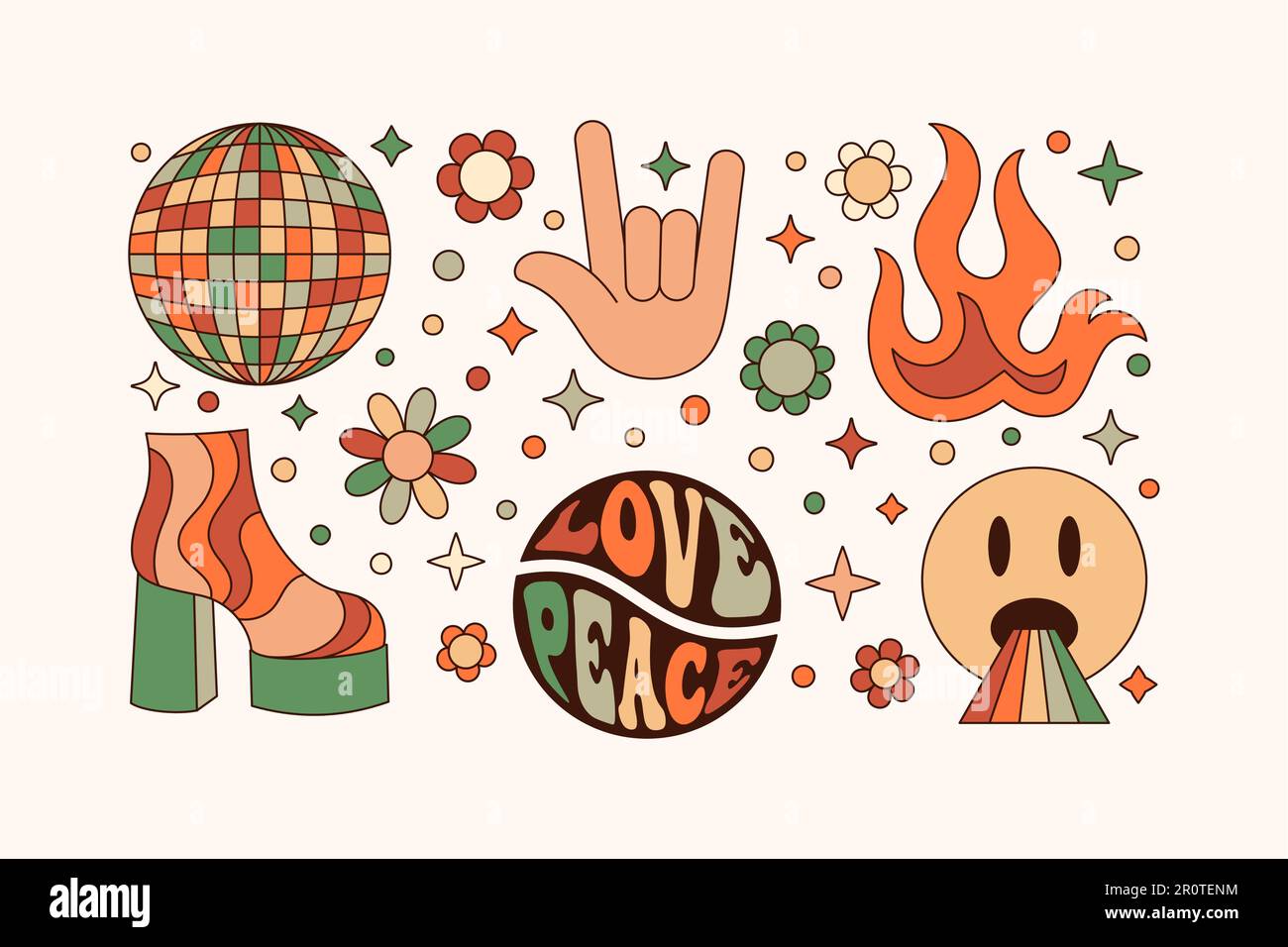 Groovy Elements Set in Retro Hippie Style 70s. Geometric Abstract ...