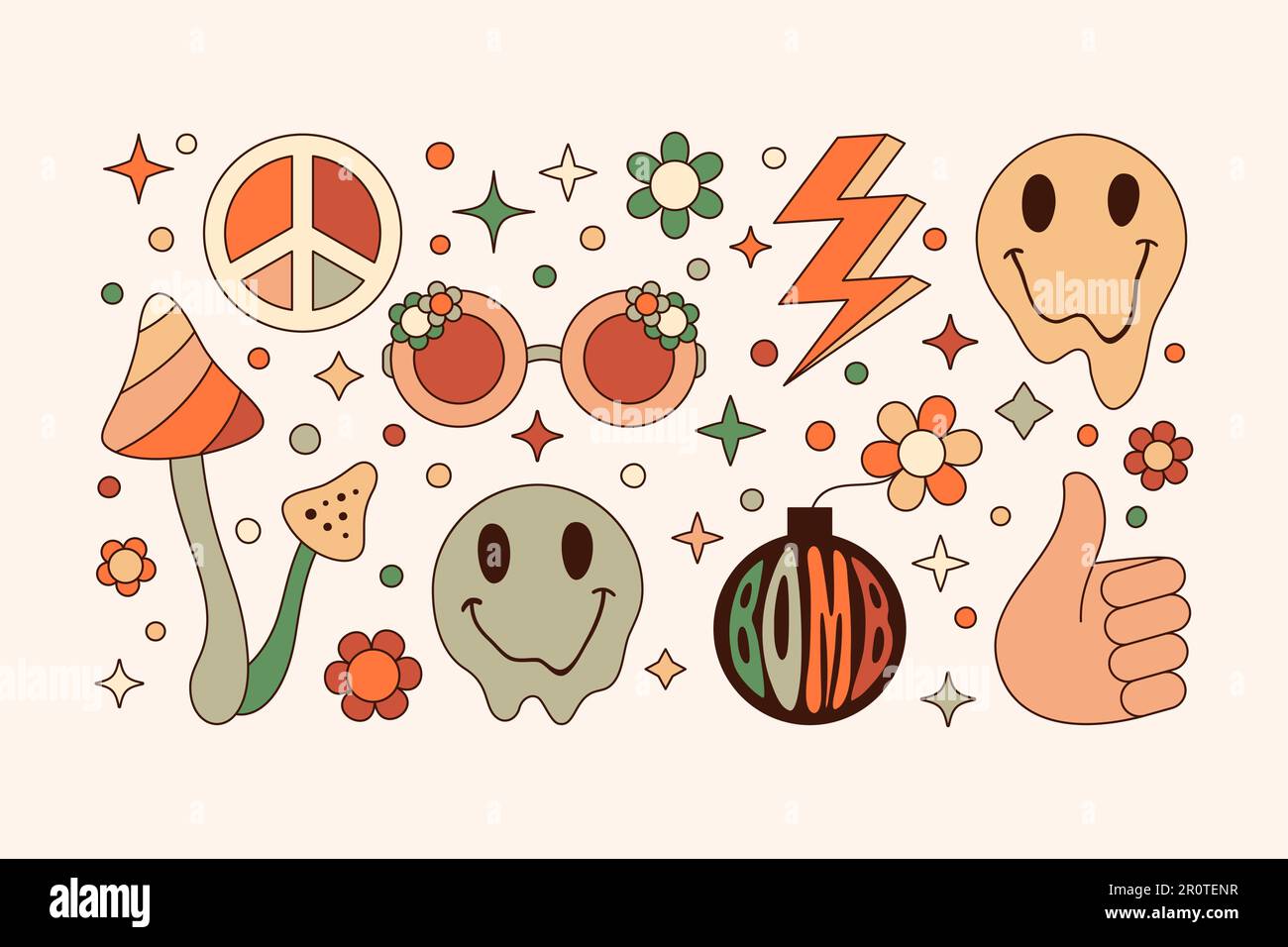 Groovy Elements Set in Retro Hippie Style 70s . Geometric Abstract ...